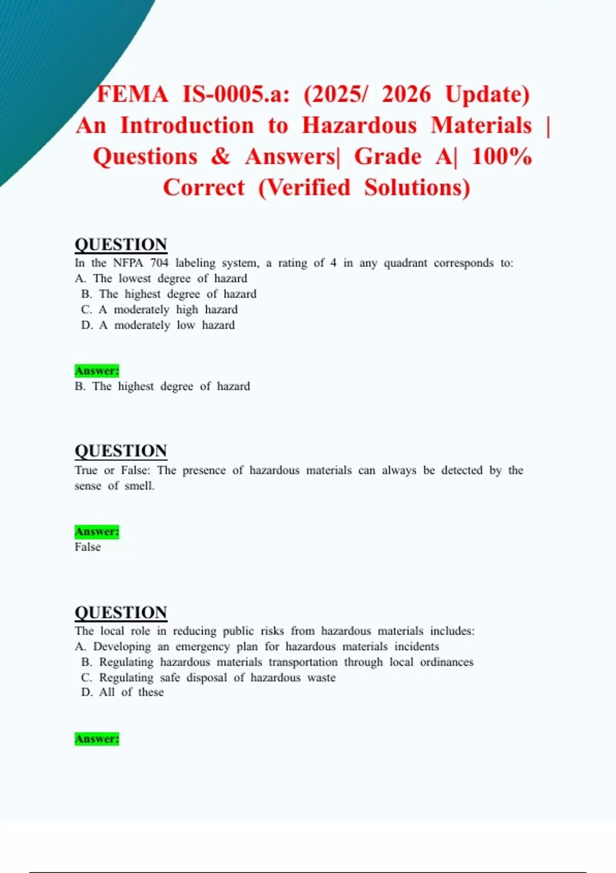 FEMA IS-0005.a Exams (New 2025/ 2026 Updates BUNDLED TOGETHER PACKAGE ...