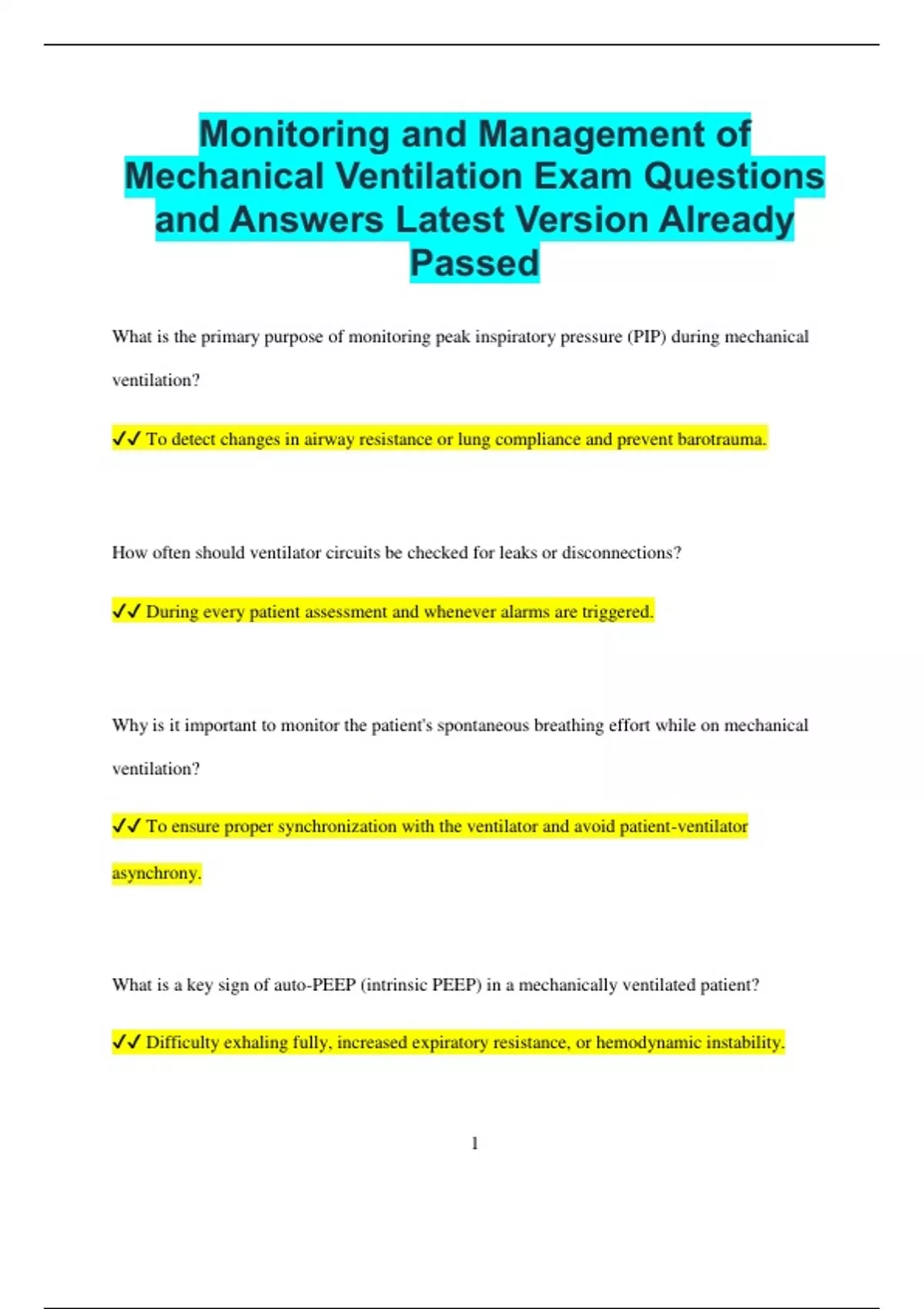 Monitoring and Management of Mechanical Ventilation Exam Questions and ...