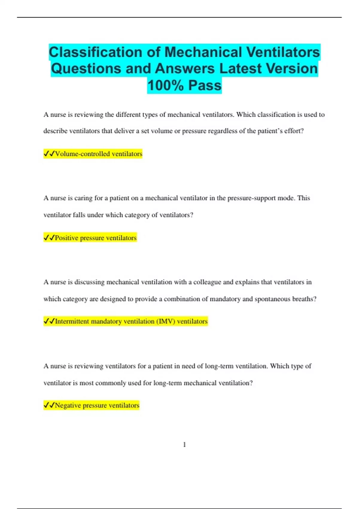 Classification of Mechanical Ventilators Questions and Answers Latest ...