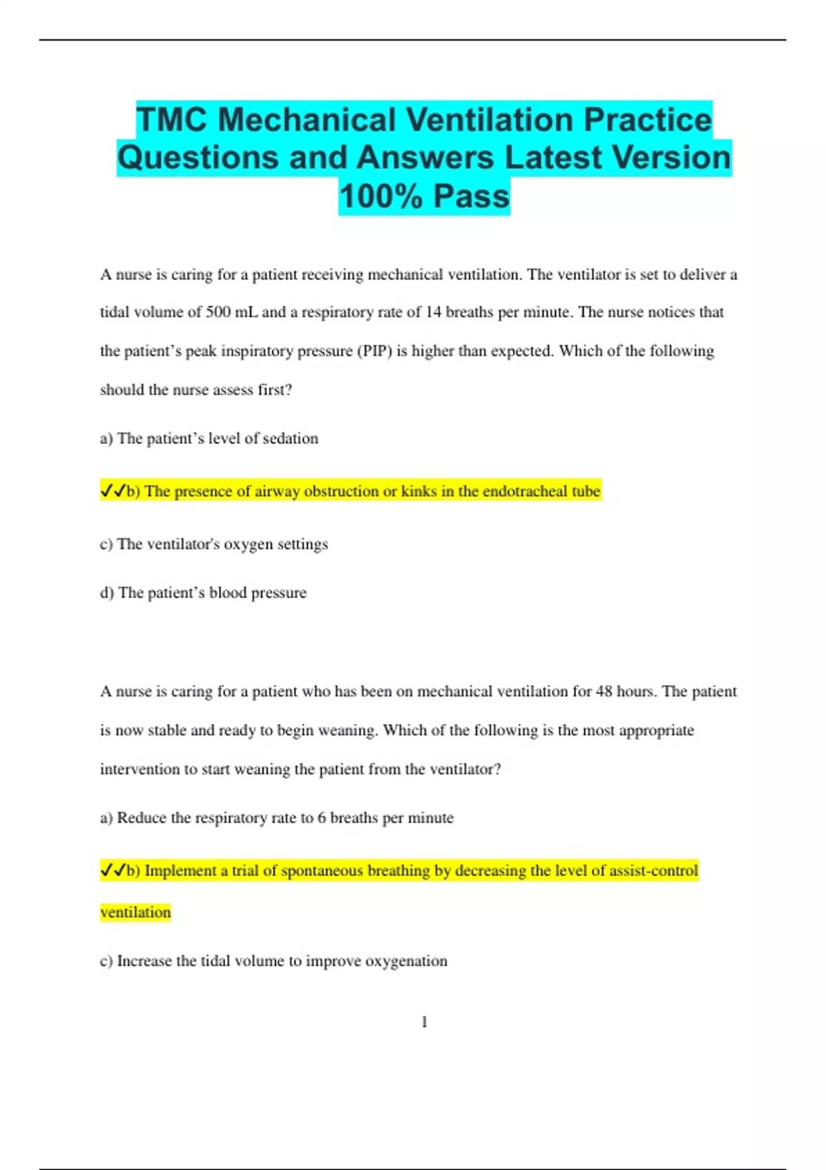 TMC Mechanical Ventilation Practice Questions and Answers Latest ...