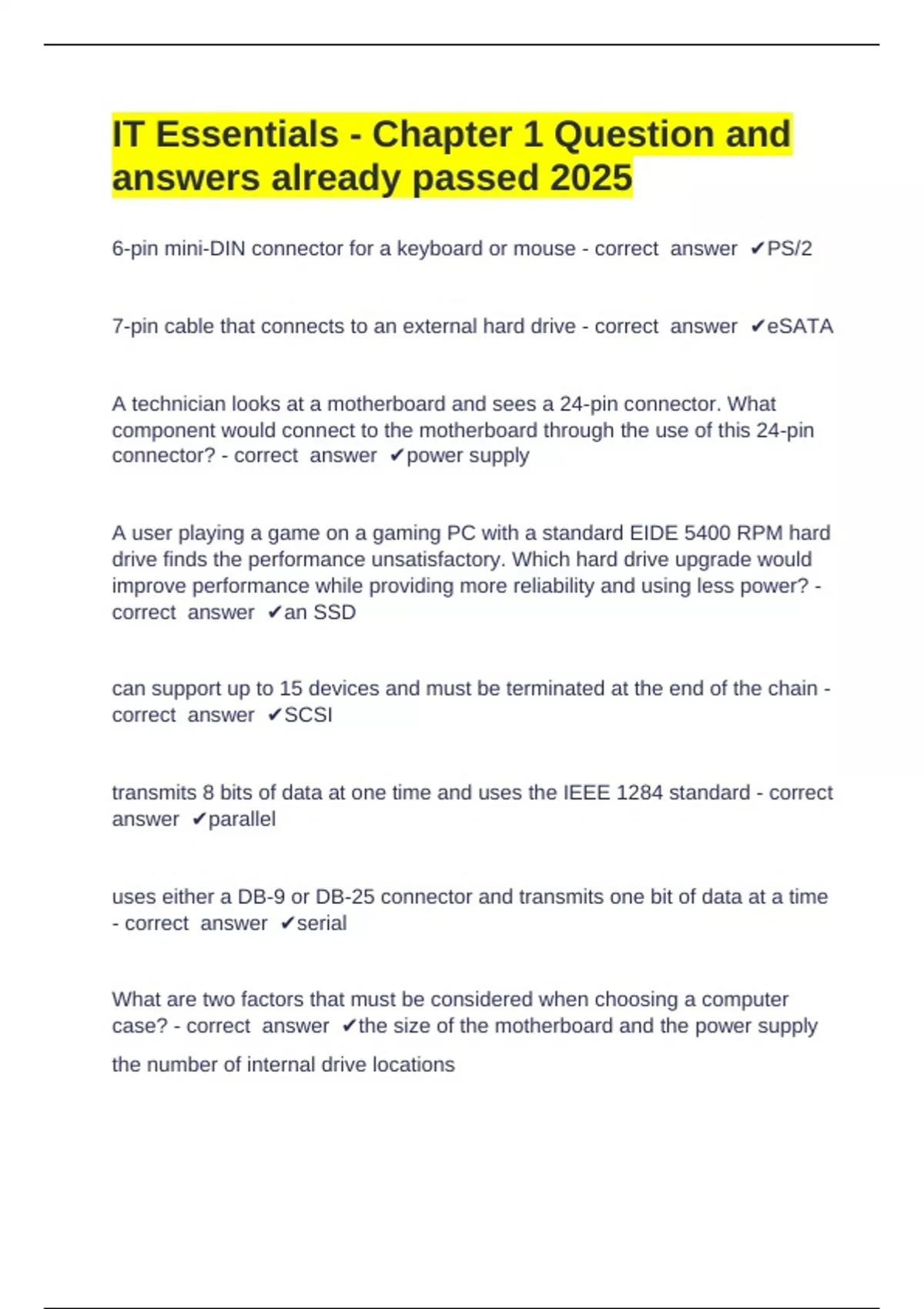 IT Essentials - Chapter 1 Question and answers already passed 2025 - IT Essentials - Chapter 1 ...