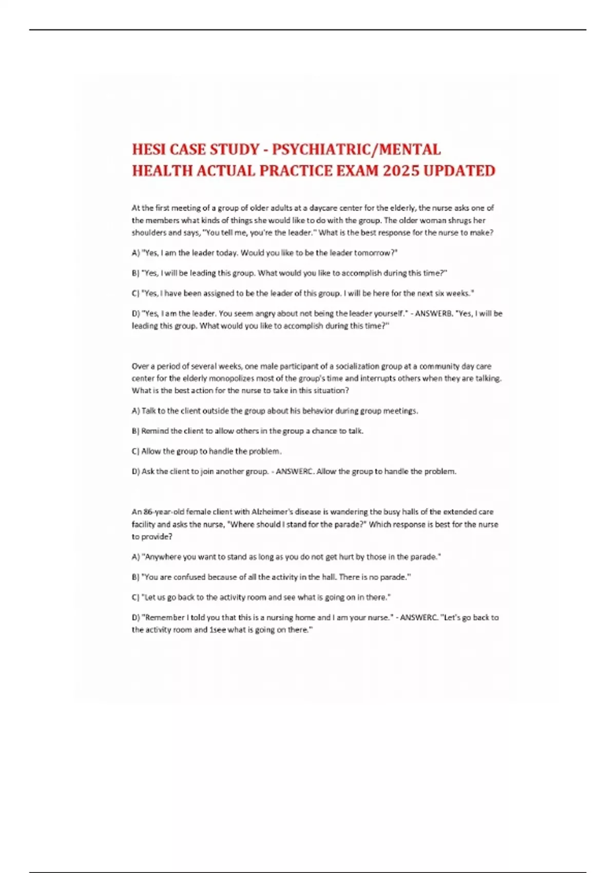 HESI CASE STUDY - PSYCHIATRIC/MENTAL HEALTH ACTUAL PRACTICE EXAM 2025 ...