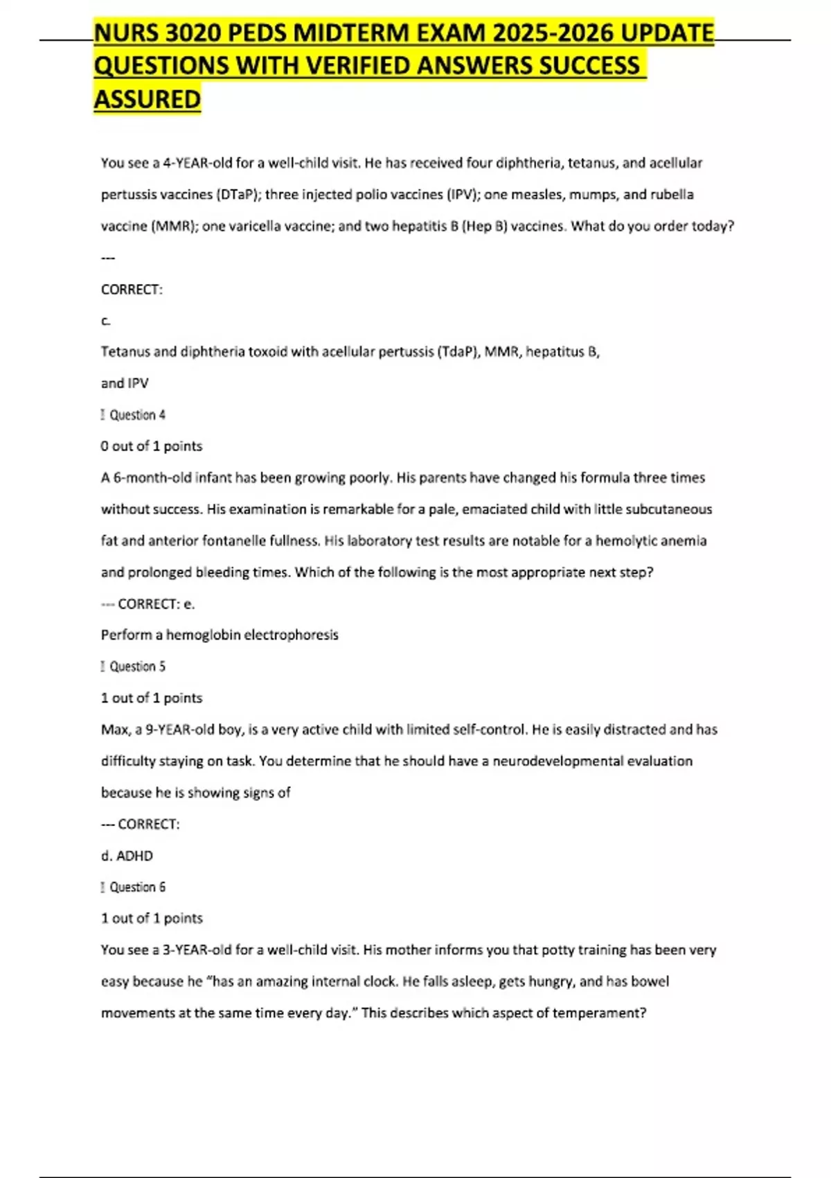 NURS 3020 PEDS MIDTERM EXAM UPDATE QUESTIONS WITH VERIFIED ANSWERS SUCCESS ASSURED - NURS 3020 ...