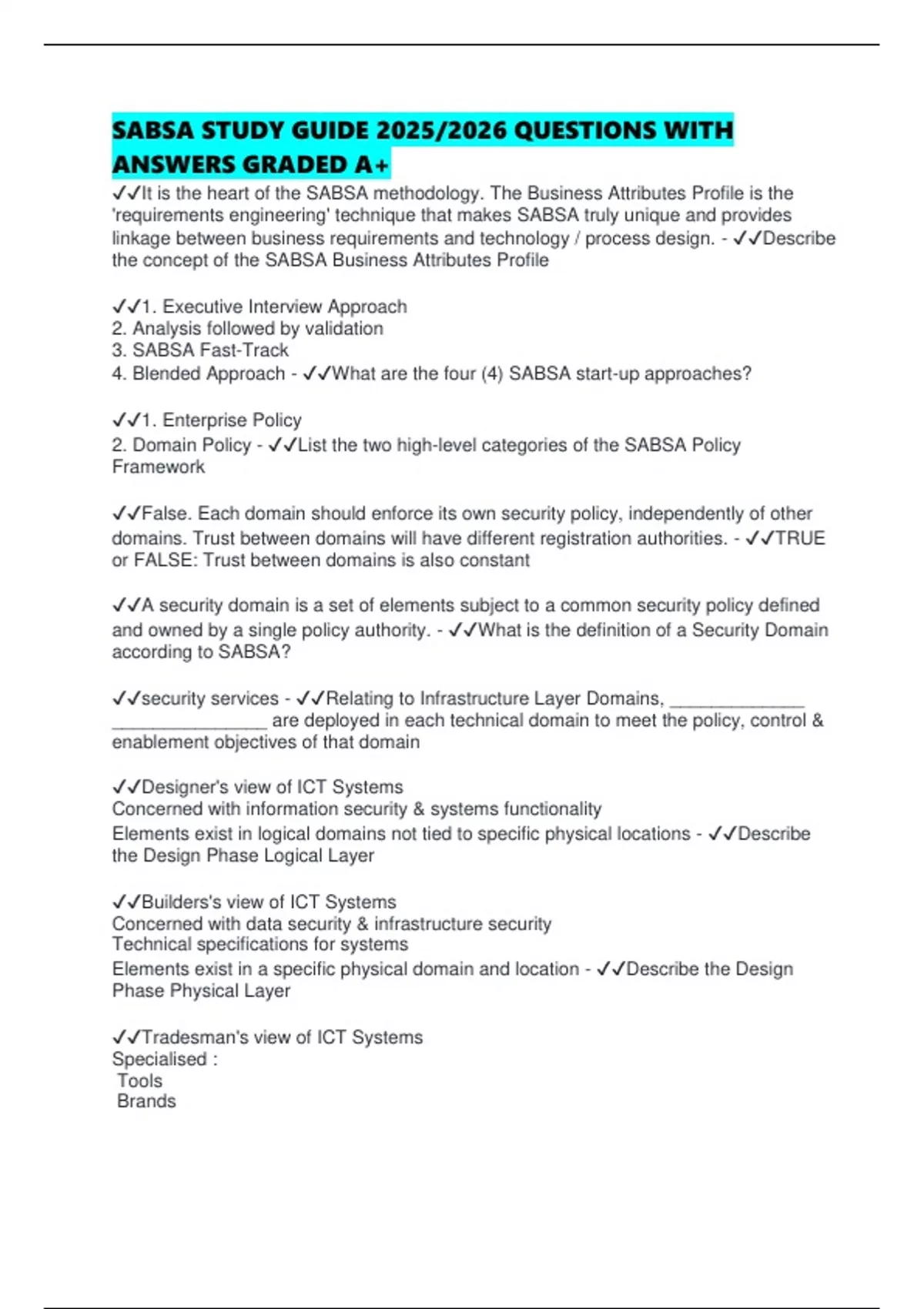 SABSA STUDY GUIDE 2025/2026 QUESTIONS WITH ANSWERS GRADED A+ - SABSA ...