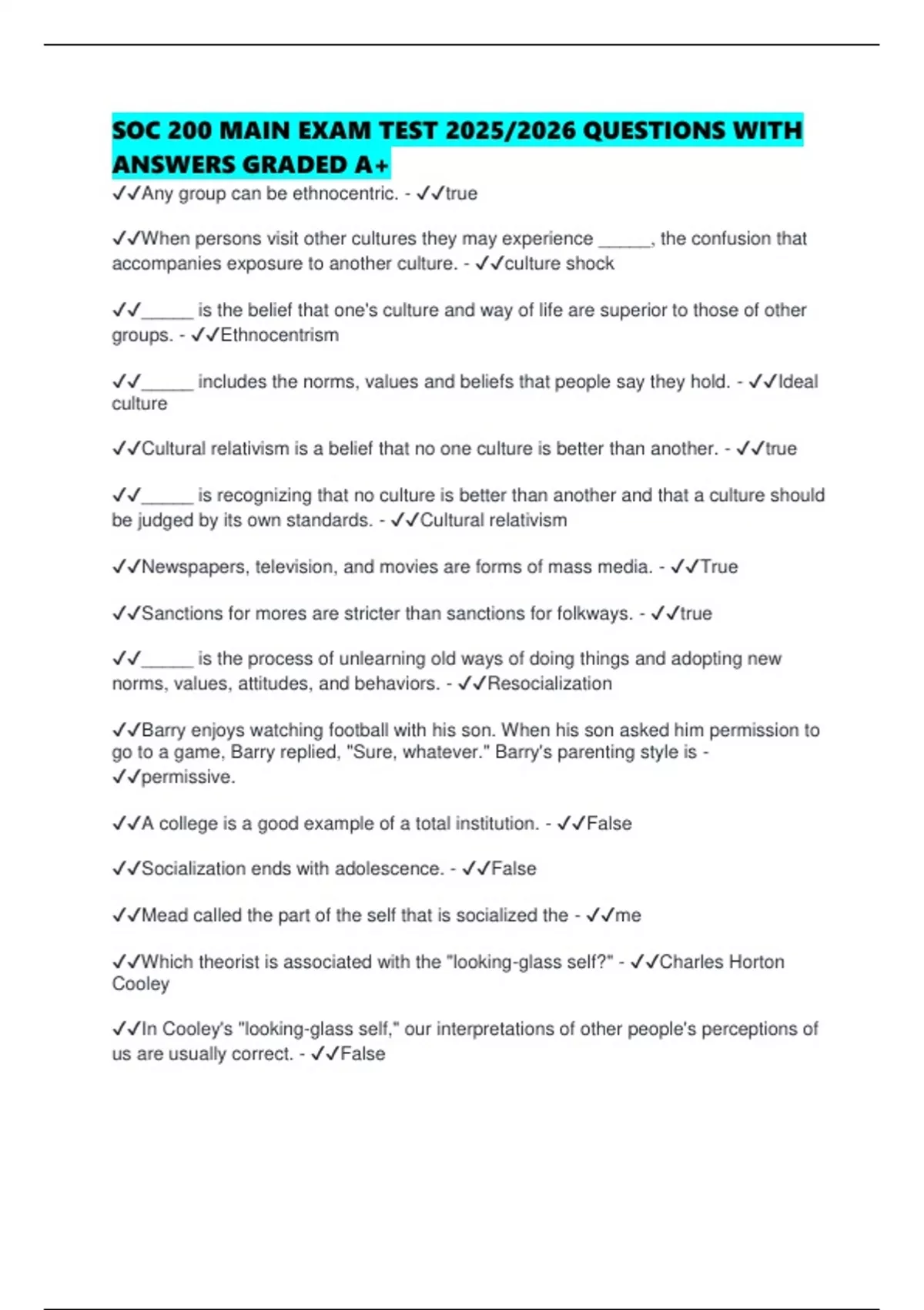 SOC 200 MAIN EXAM TEST 2025/2026 QUESTIONS WITH ANSWERS GRADED A+ - SOC ...