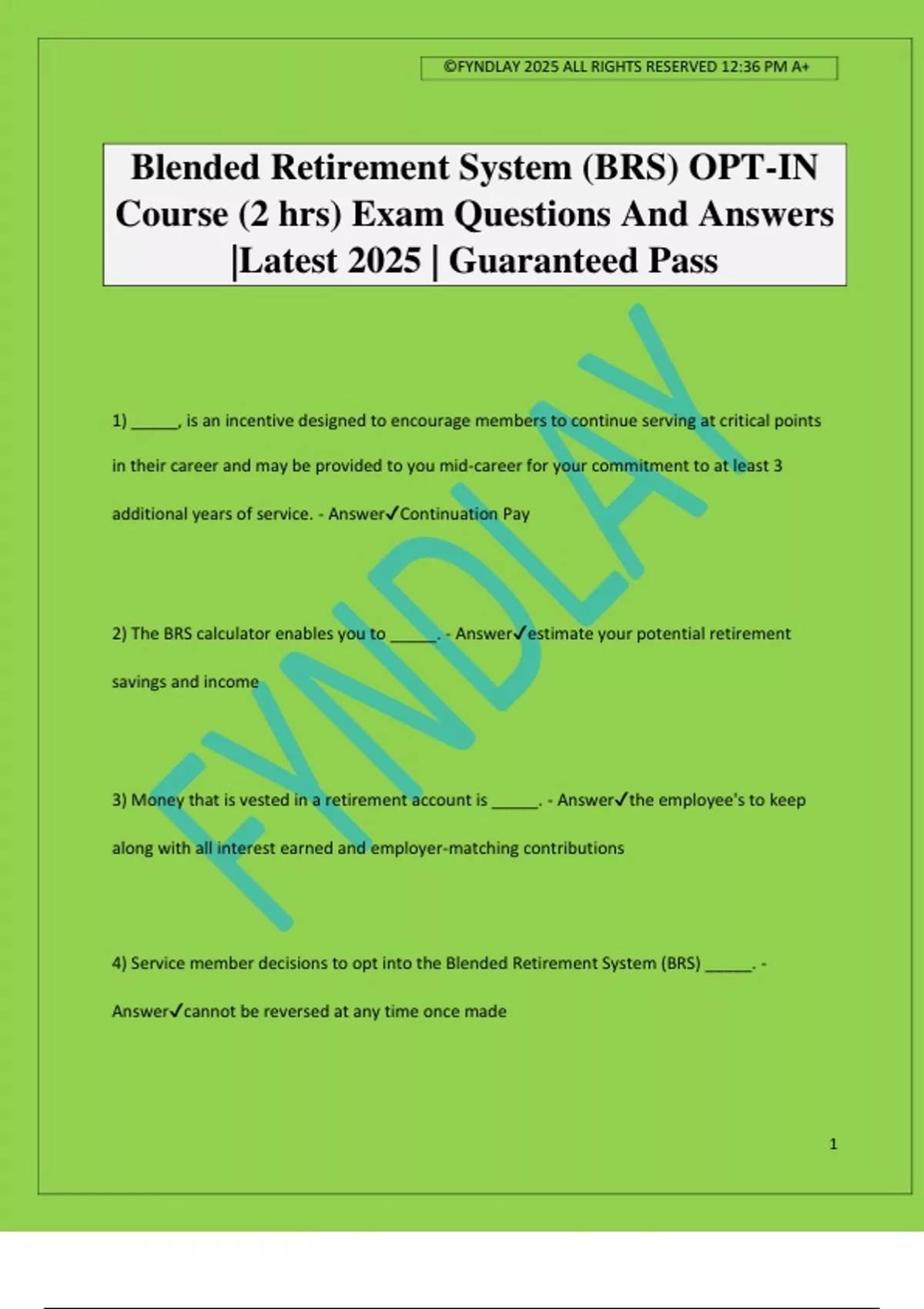 Blended Retirement System (BRS) OPT-IN Course (2 hrs) Exam Questions ...