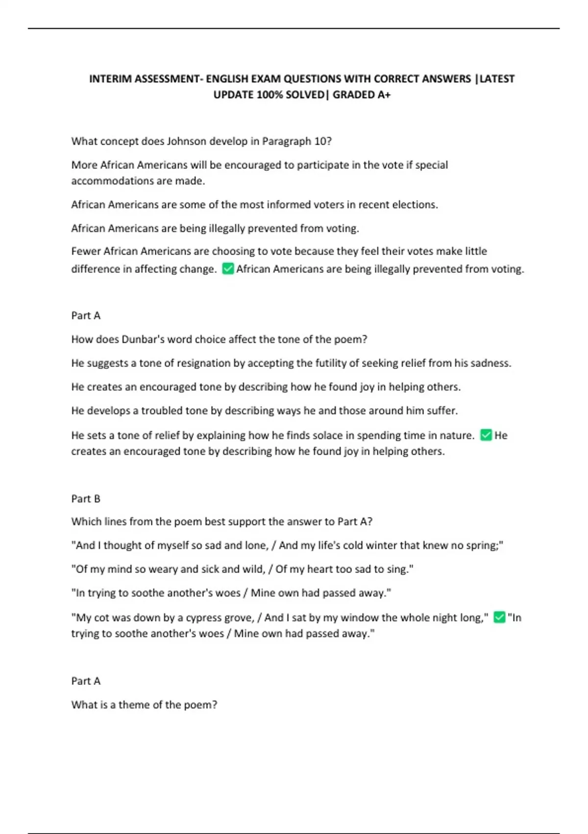 INTERIM ASSESSMENT- ENGLISH EXAM QUESTIONS WITH CORRECT ANSWERS |LATEST ...