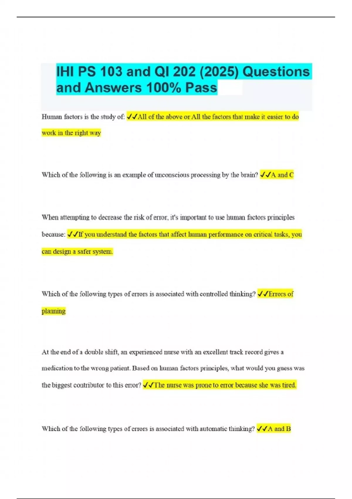 IHI PS 103 and QI 202 (2025) Questions and Answers 100% Pass - IHI PS ...