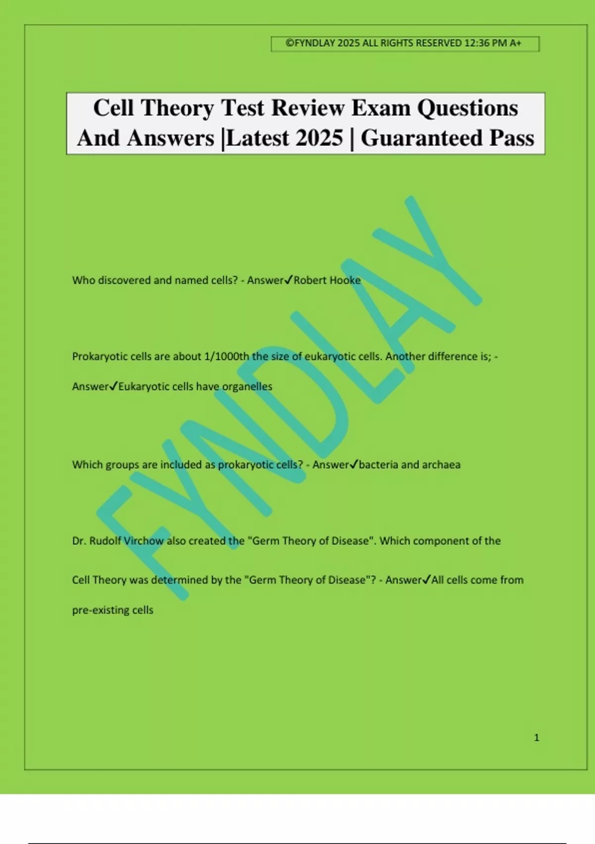 Cell Theory Test Review Exam Questions And Answers |Latest 2025 ...