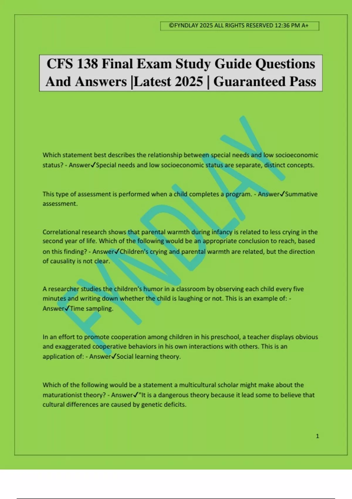 CFS 138 Final Exam Study Guide Questions And Answers |Latest 2025 ...