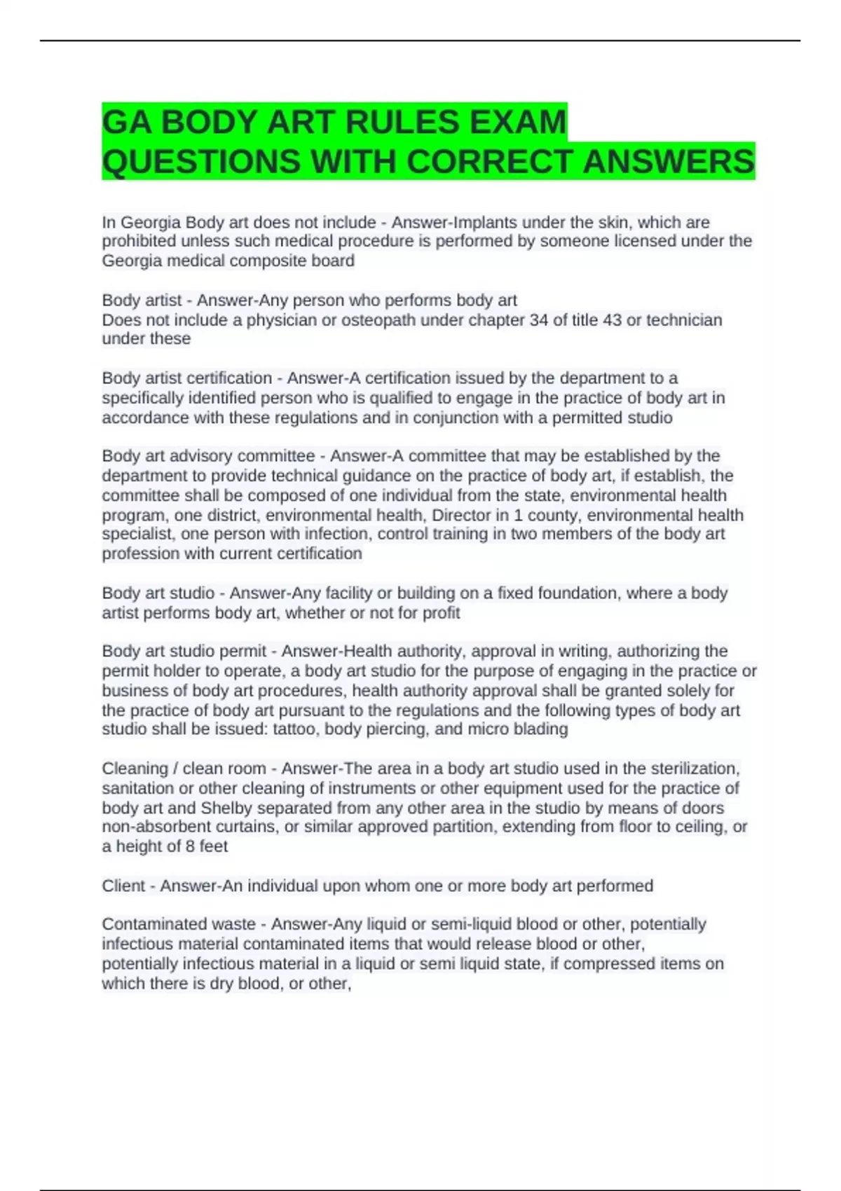 GA BODY ART RULES EXAM QUESTIONS WITH CORRECT ANSWERS - GA BODY ART ...