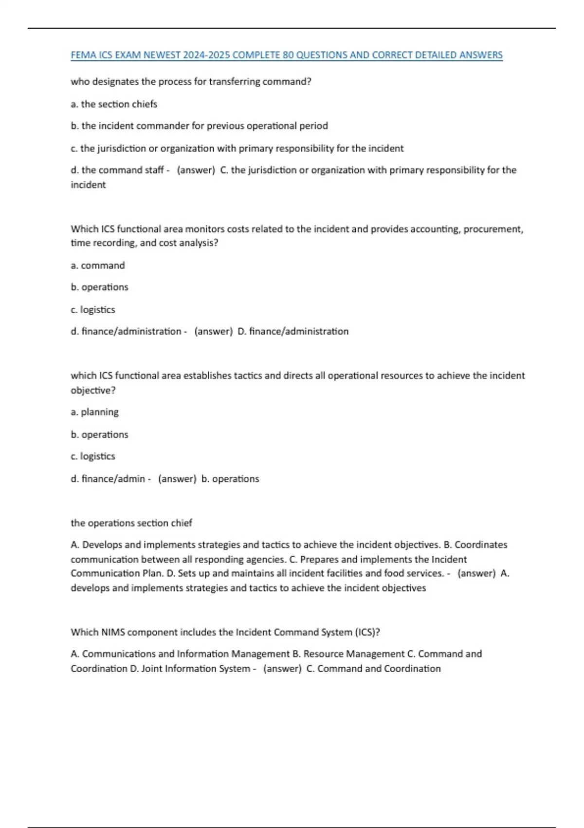 FEMA ICS EXAM NEWEST COMPLETE 80 QUESTIONS AND CORRECT DETAILED ANSWERS ...