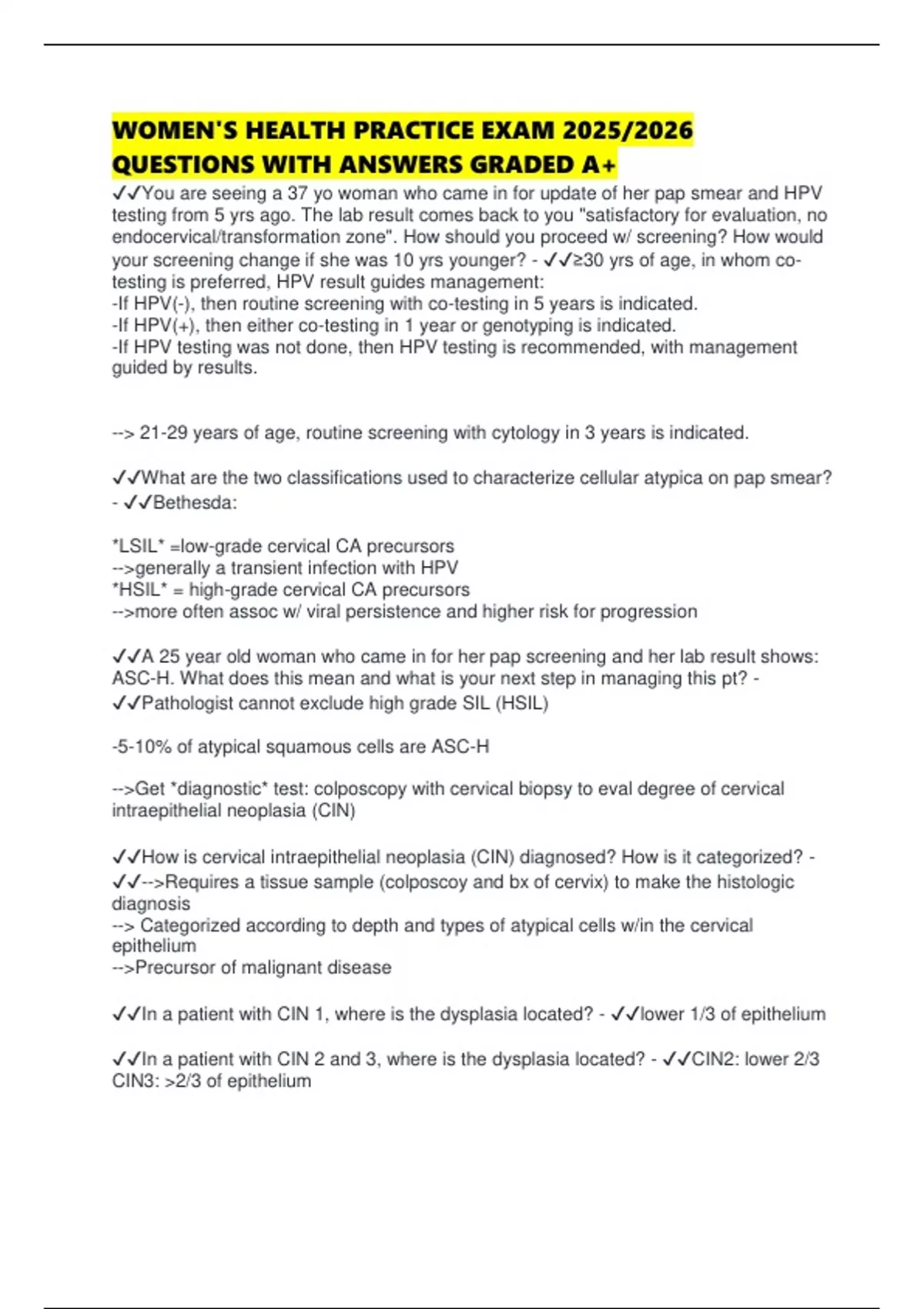 WOMEN'S HEALTH PRACTICE EXAM 2025/2026 QUESTIONS WITH ANSWERS GRADED A+ ...