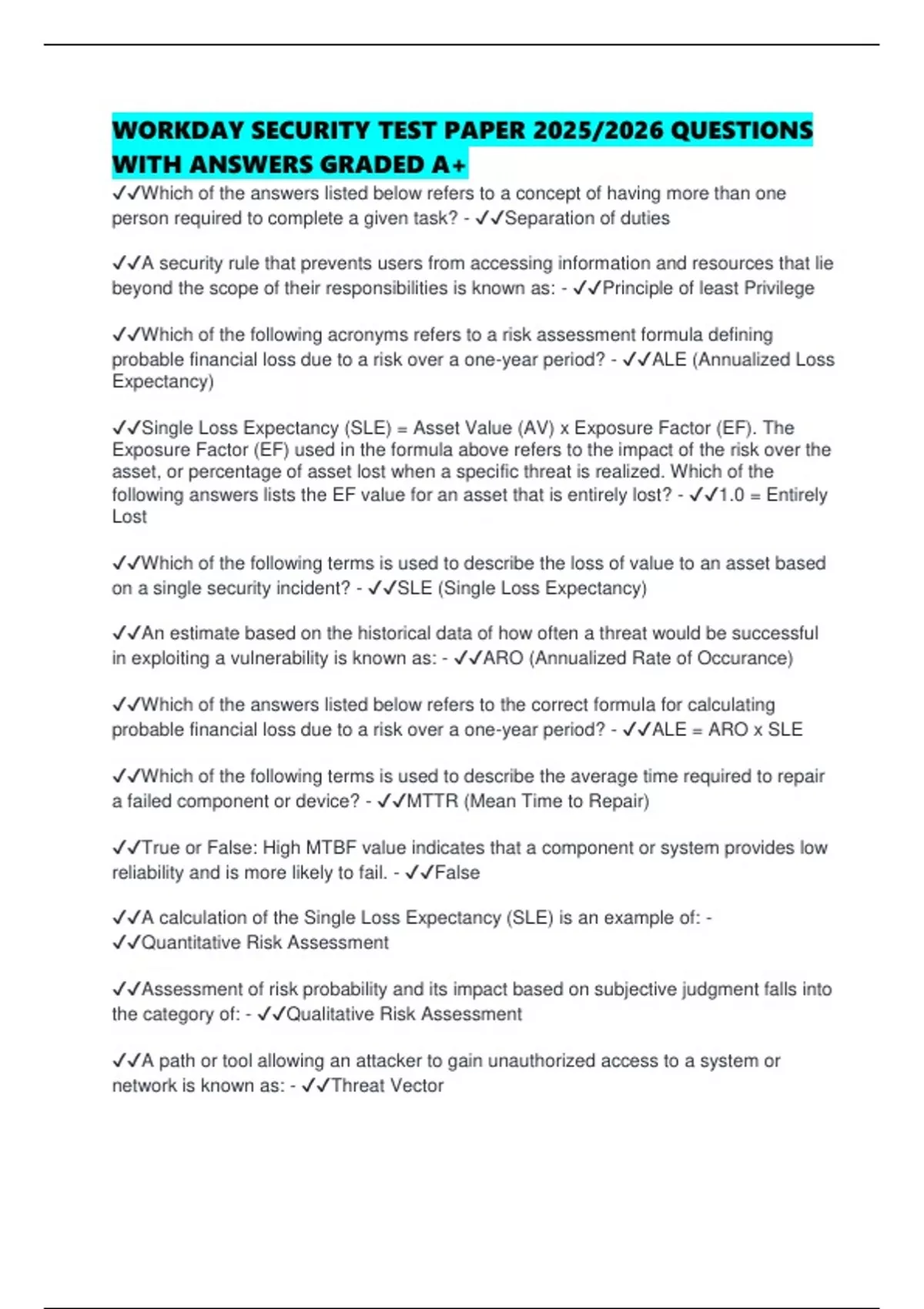 WORKDAY SECURITY TEST PAPER 2025/2026 QUESTIONS WITH ANSWERS GRADED A+ ...