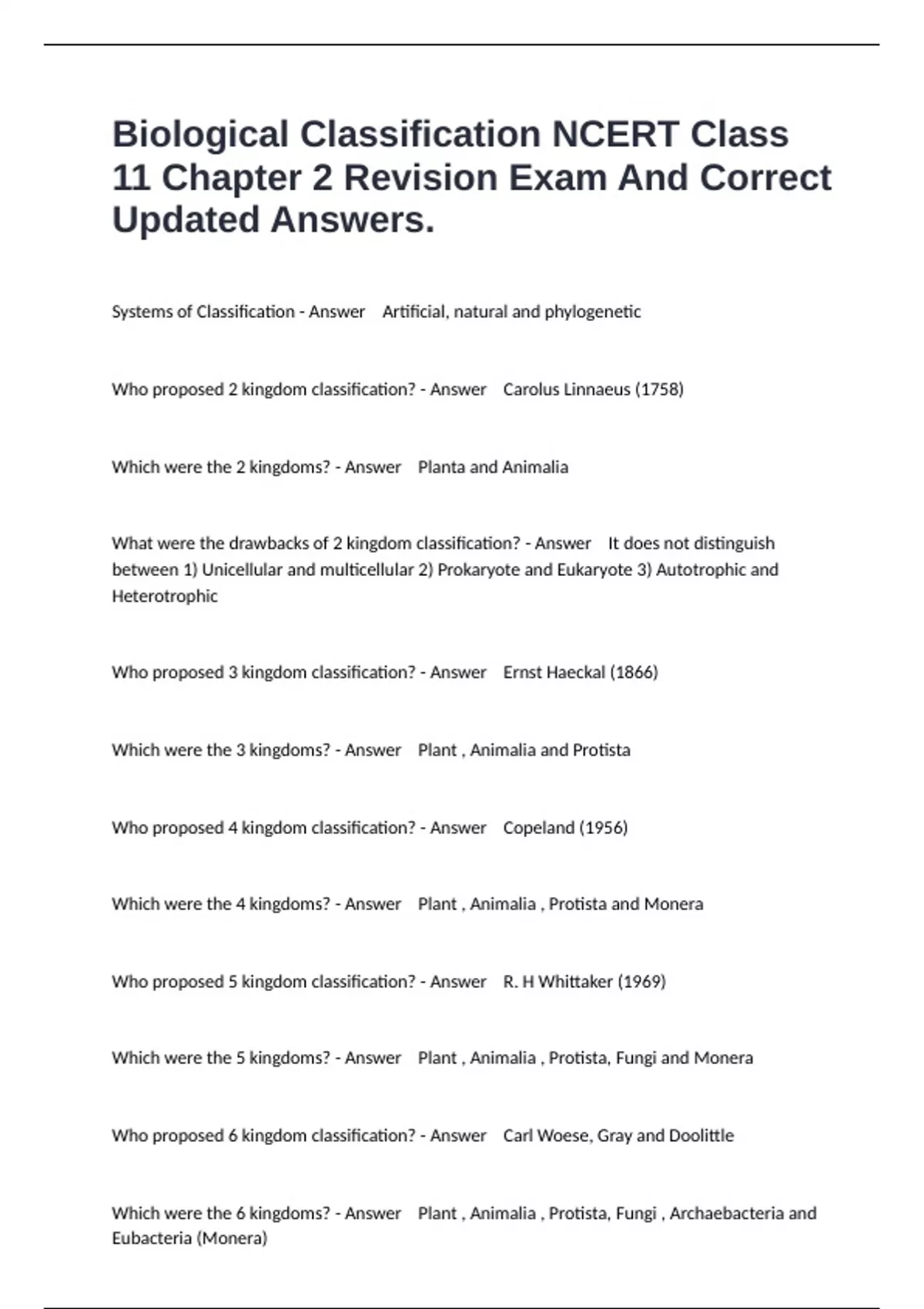 Biological Classification NCERT Class 11 Chapter 2 Revision Exam And ...