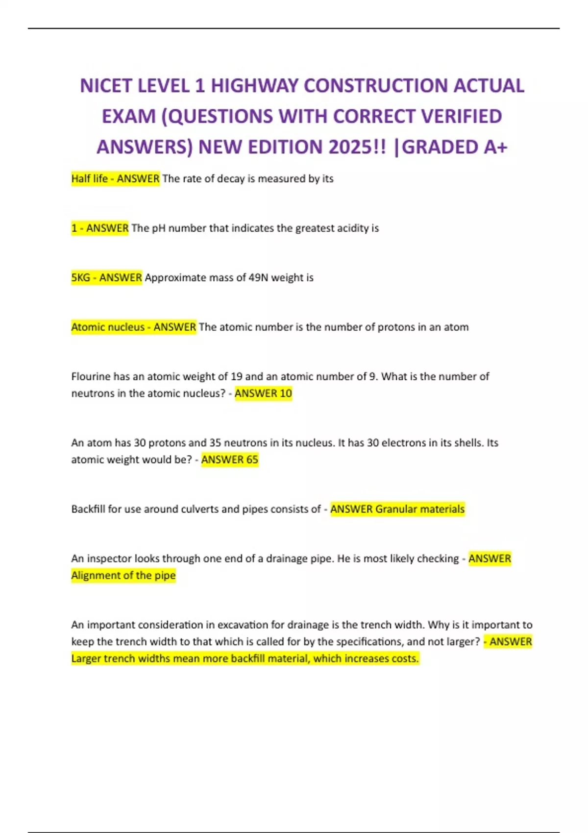 NICET LEVEL 1 HIGHWAY CONSTRUCTION ACTUAL EXAM (QUESTIONS WITH CORRECT ...