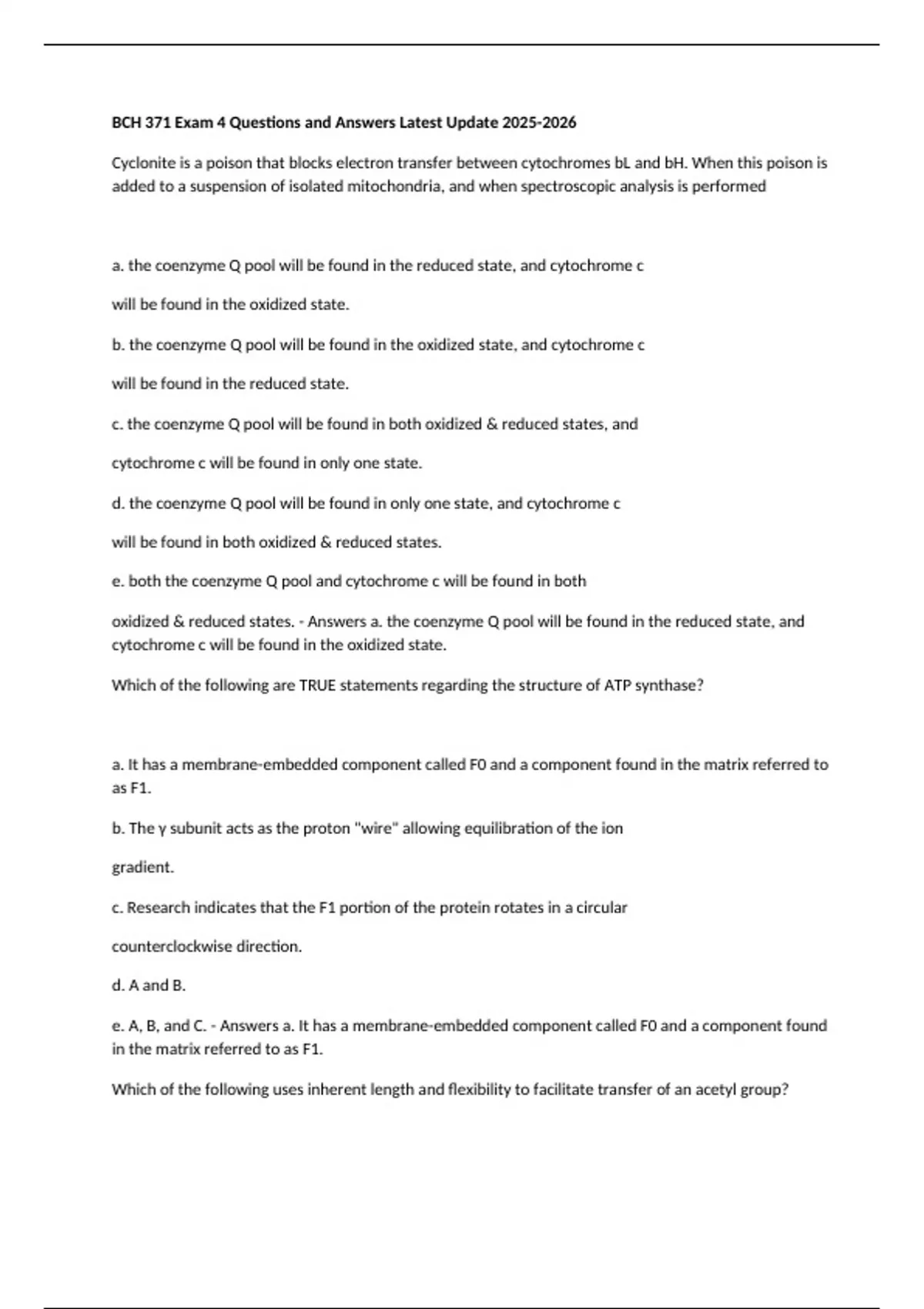 BCH 371 Exam 4 Questions and Answers Latest Update - BCH 371 - Stuvia US