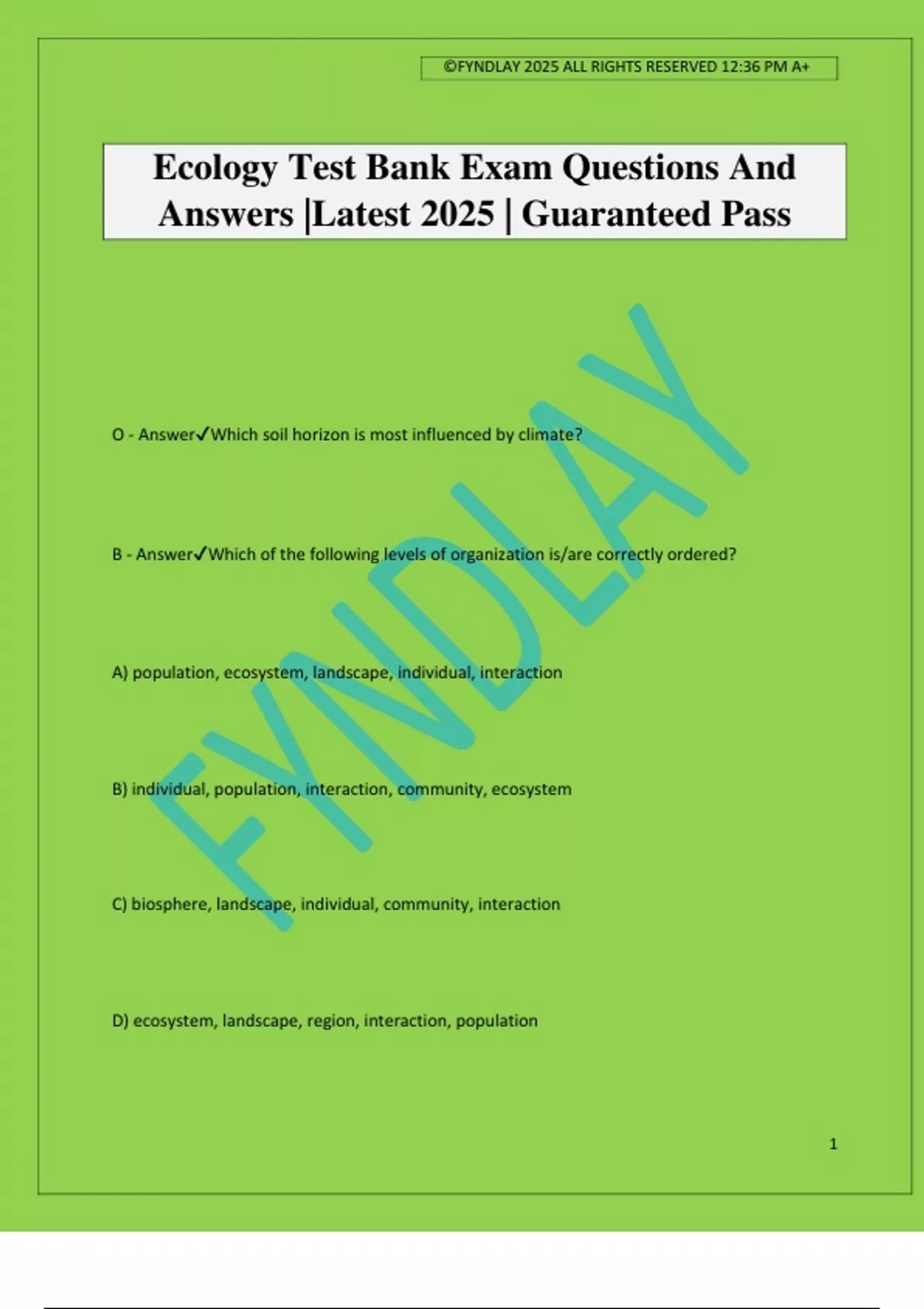 Ecology Test Bank Exam Questions And Answers |Latest 2025 | Guaranteed ...