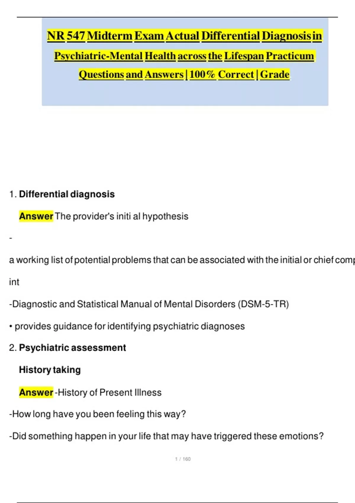 NR 547 Midterm Exam Actual 2025 Differential Diagnosis in Psychiatric-Mental Health across the ...