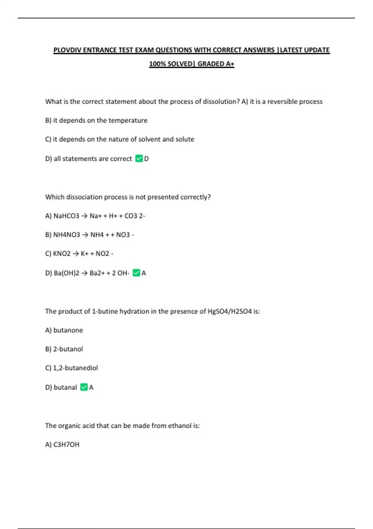 PLOVDIV ENTRANCE TEST EXAM QUESTIONS WITH CORRECT ANSWERS |LATEST ...