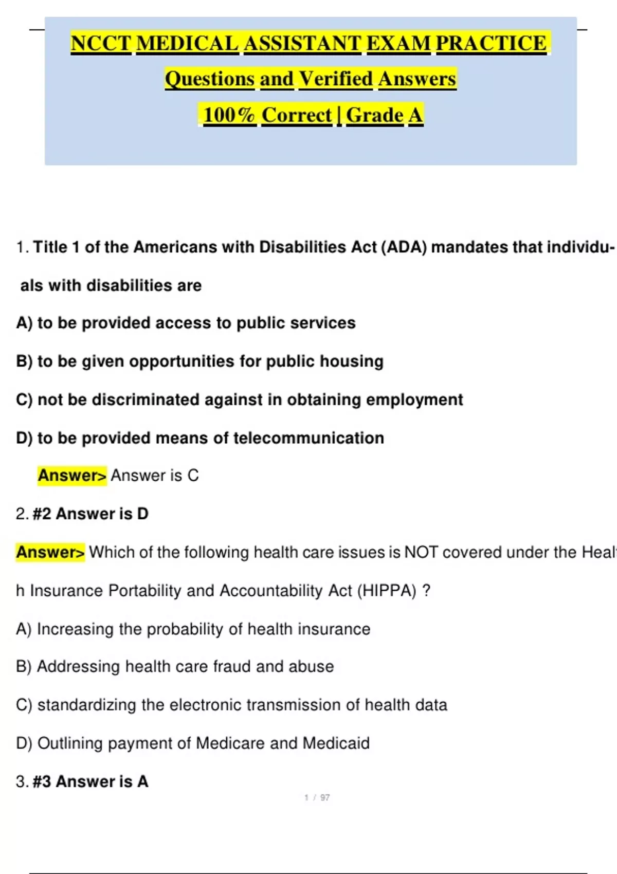 NCCT MEDICAL ASSISTANT EXAM PRACTICE (Latest Update) Questions and ...