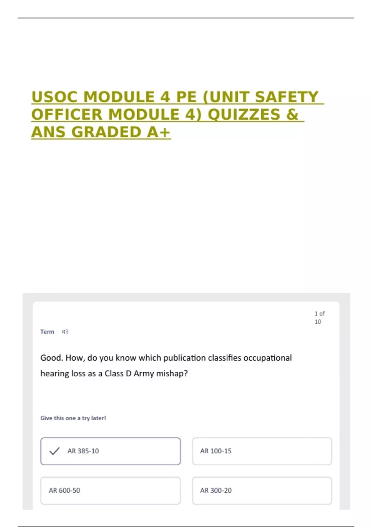 USOC MODULE 4 PE (UNIT SAFETY OFFICER MODULE 4) QUIZZES & ANS GRADED A+ - USOC - Stuvia US