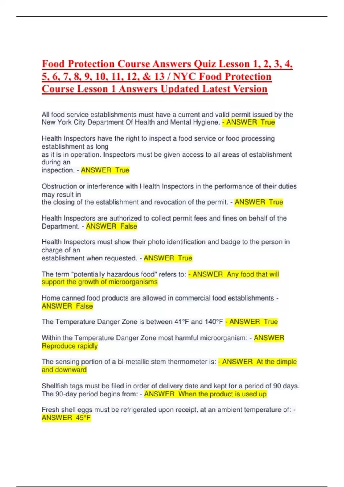 Food Protection Course Answers Quiz Lesson 1, 2, 3, 4, 5, 6, 7, 8, 9 ...
