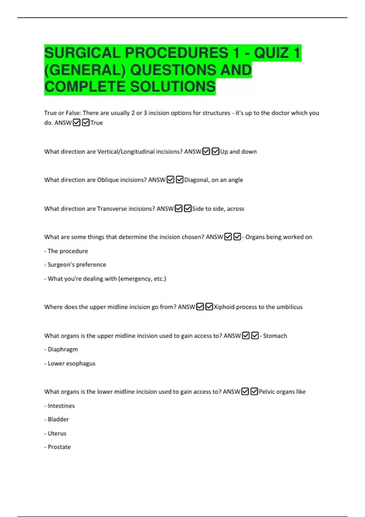 SURGICAL PROCEDURES 1 - QUIZ 1 (GENERAL) QUESTIONS AND COMPLETE ...