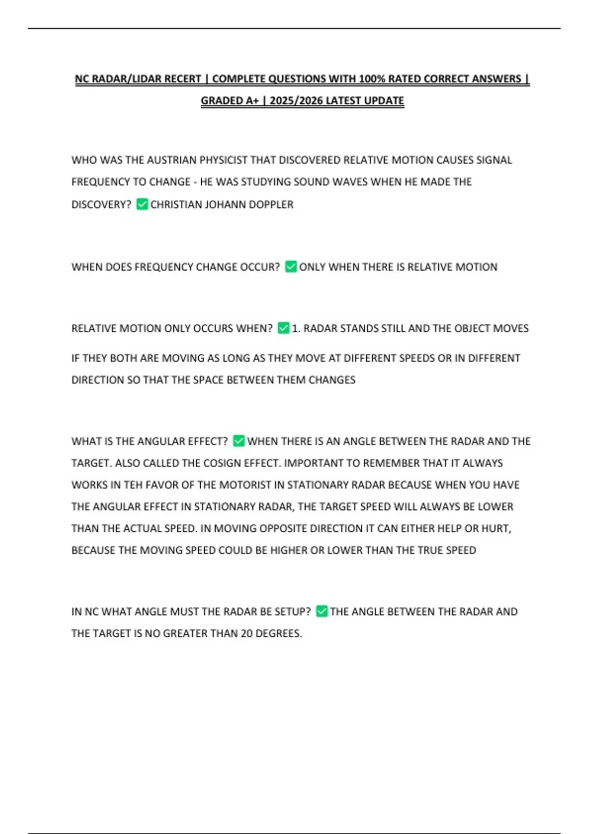 NC RADAR/LIDAR RECERT | COMPLETE QUESTIONS WITH 100% RATED CORRECT ...