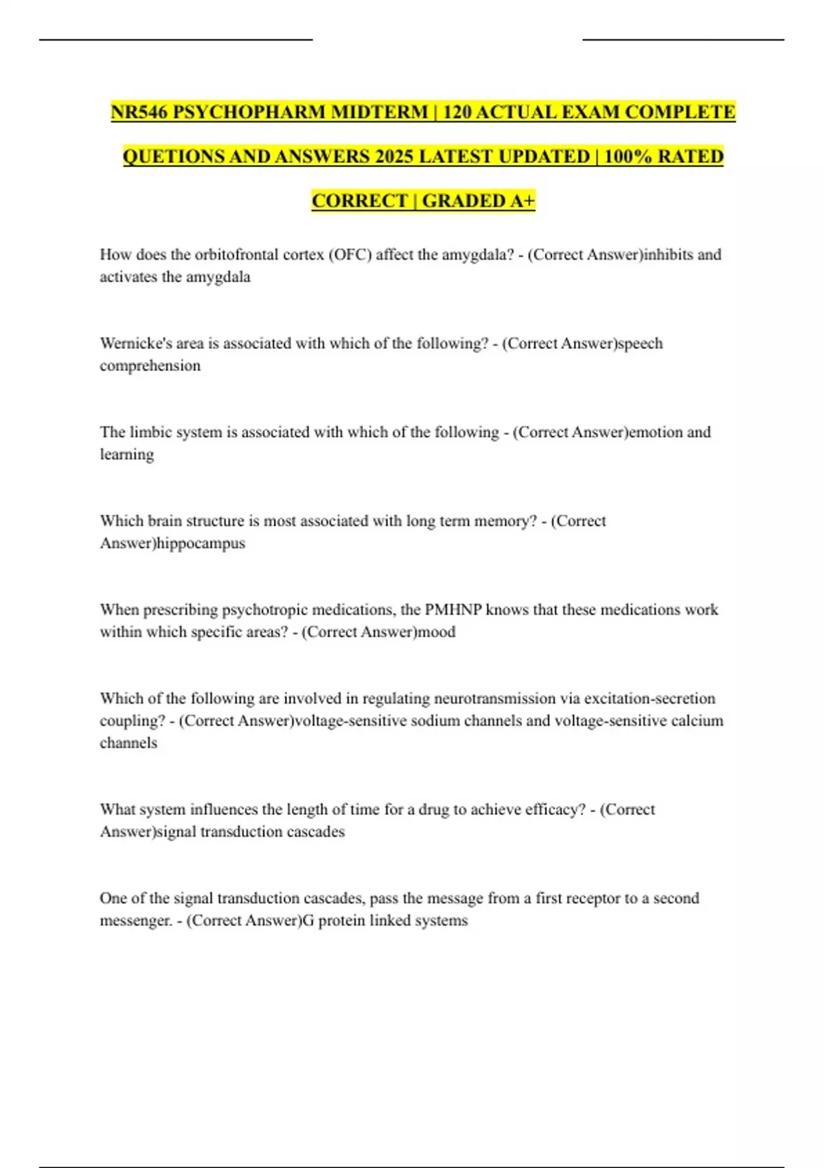 NR546 PSYCHOPHARM MIDTERM | 120 ACTUAL EXAM COMPLETE QUETIONS AND ...