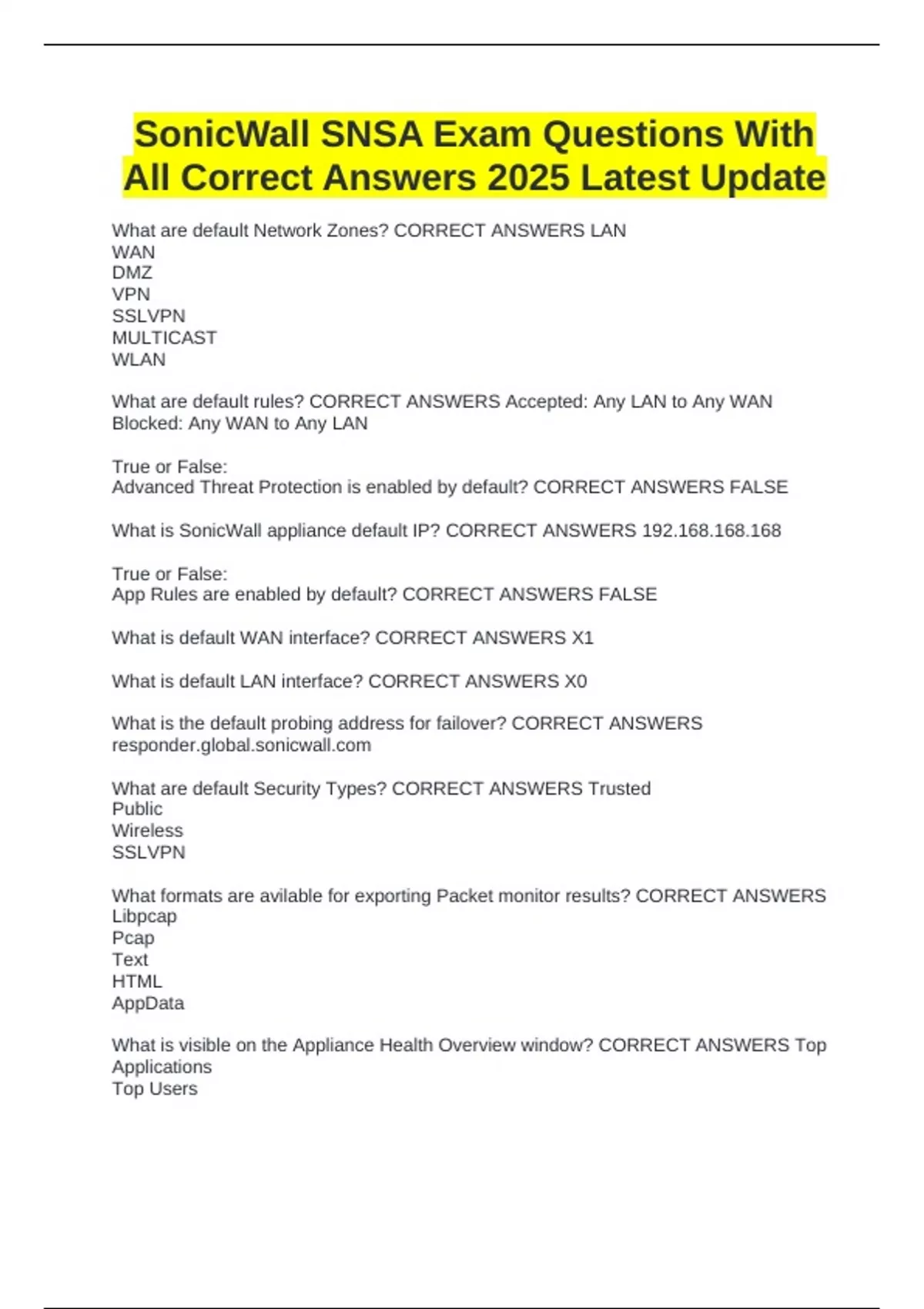 SonicWall SNSA Exam Questions With All Correct Answers 2025 Latest ...
