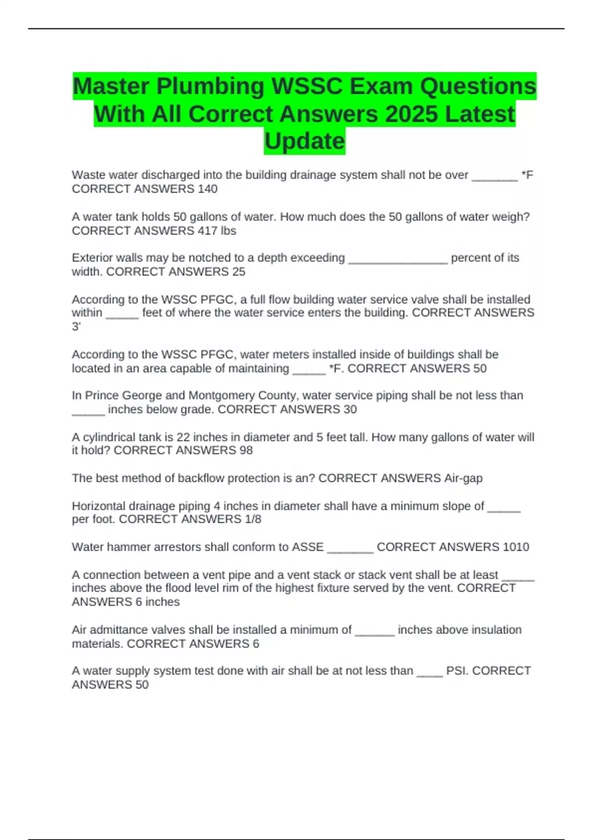 Master Plumbing WSSC Exam Questions With All Correct Answers 2025 ...