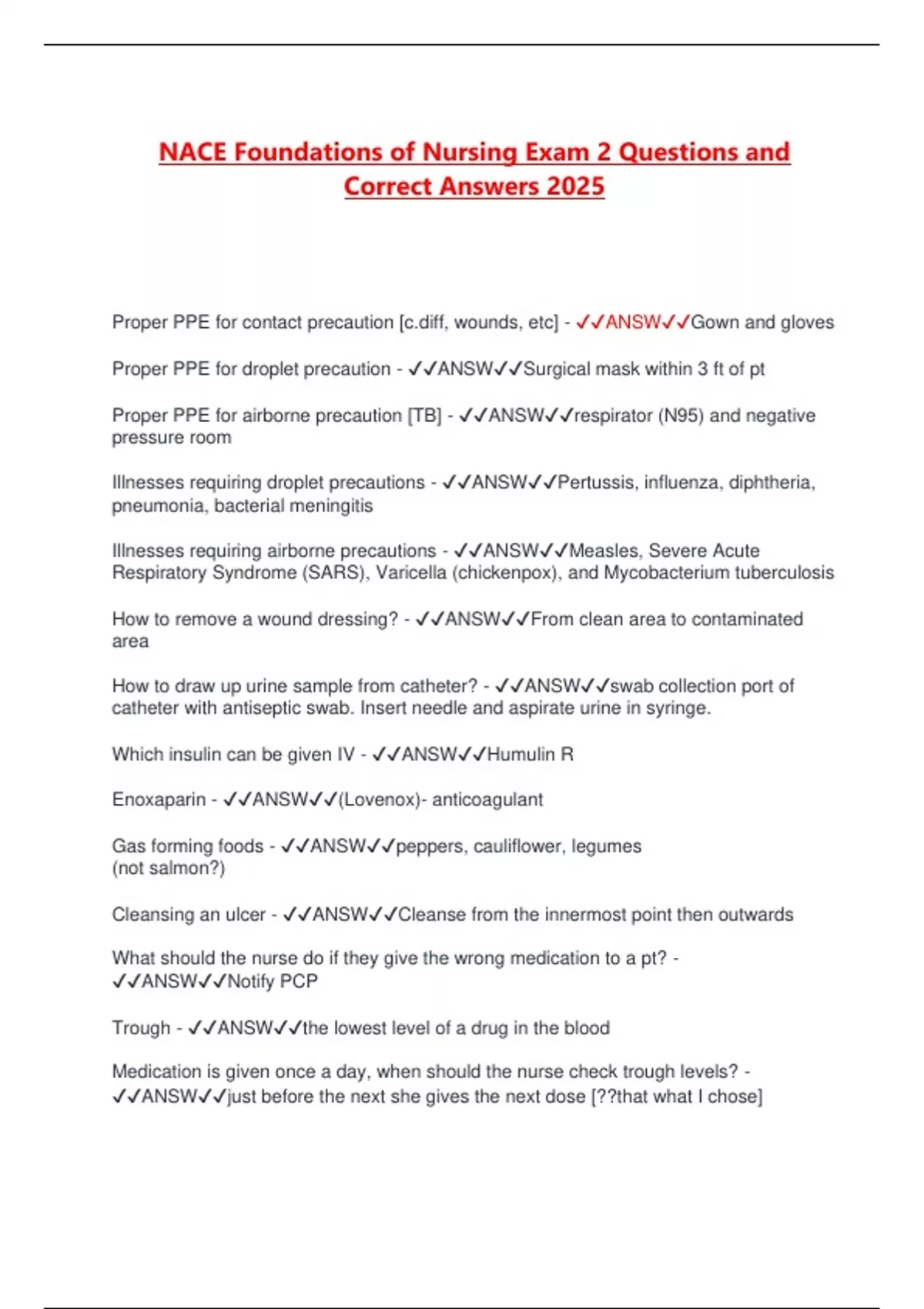 NACE Foundations of Nursing Exam 2 Questions and Correct Answers 2025 ...