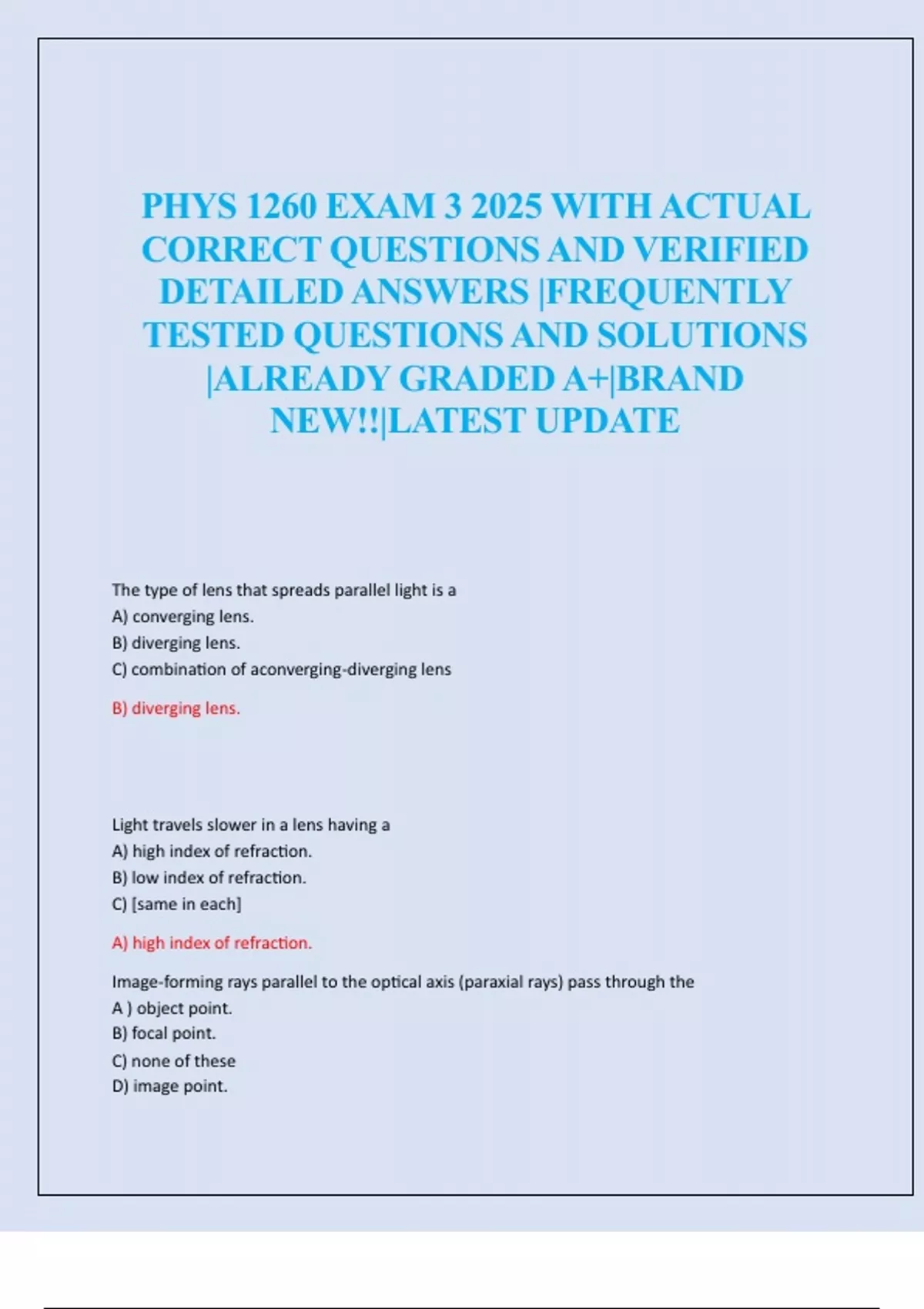 PHYS 1260 EXAM 3 2025 WITH ACTUAL CORRECT QUESTIONS AND VERIFIED ...