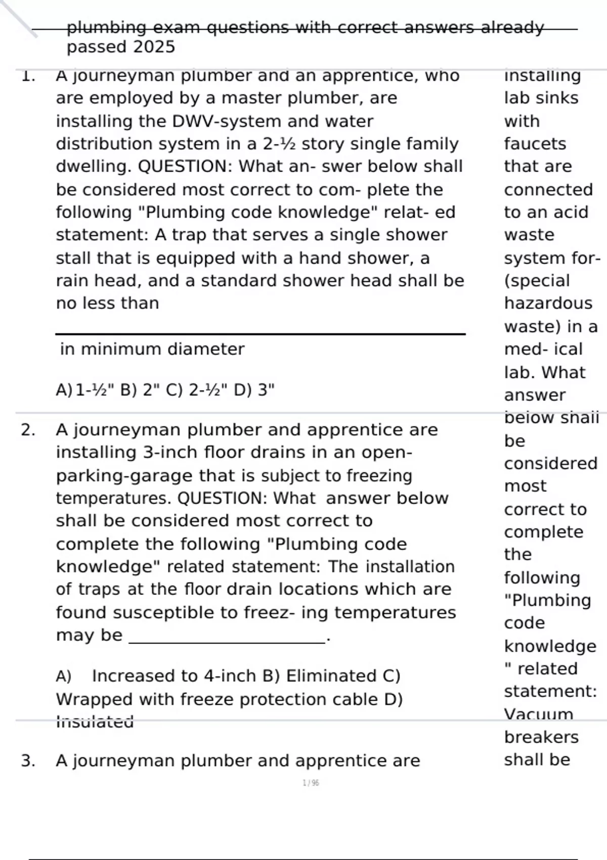 plumbing exam questions with correct answers already passed 2025 ...