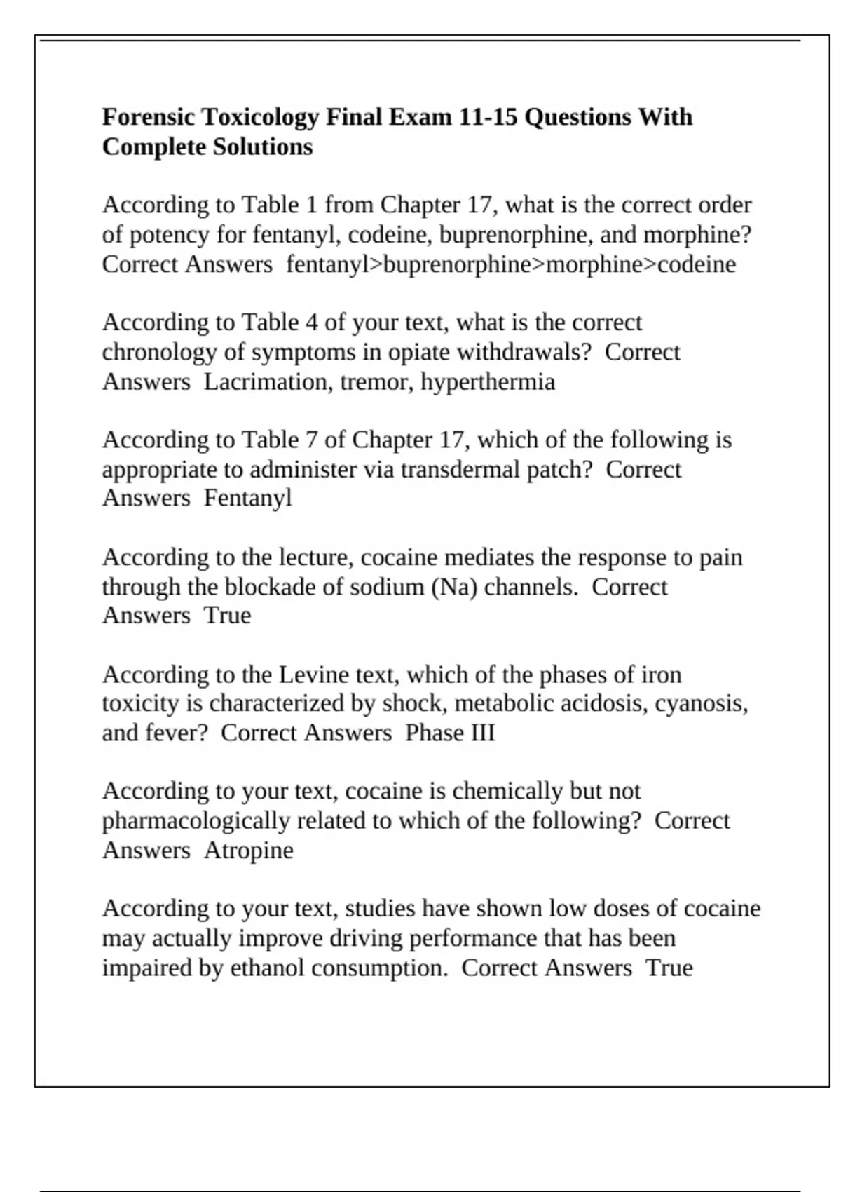 Forensic Toxicology Final Exam 11-15 Questions With Complete Solutions - Forensic Toxicology ...