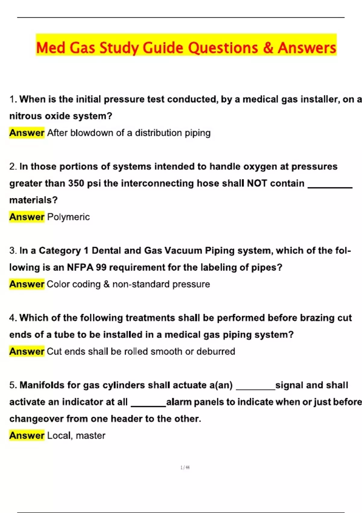 MEDICAL GASES (MED GAS) BUNDLED EXAMS Medical Gases Exam / Medical Gas ...
