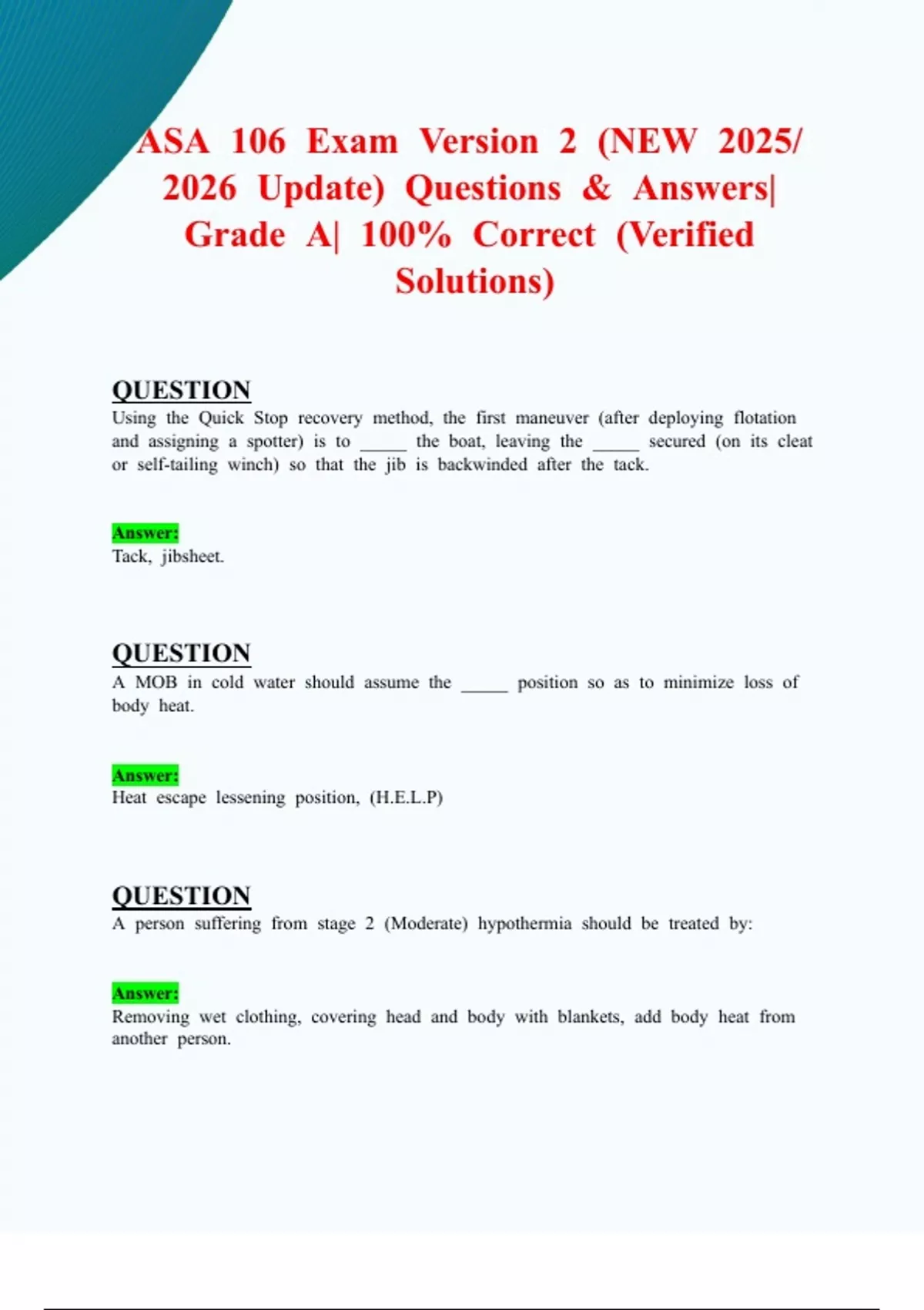 ASA 106 Exam Version 2 (New 2025/ 2026 Update) Questions & Answers ...
