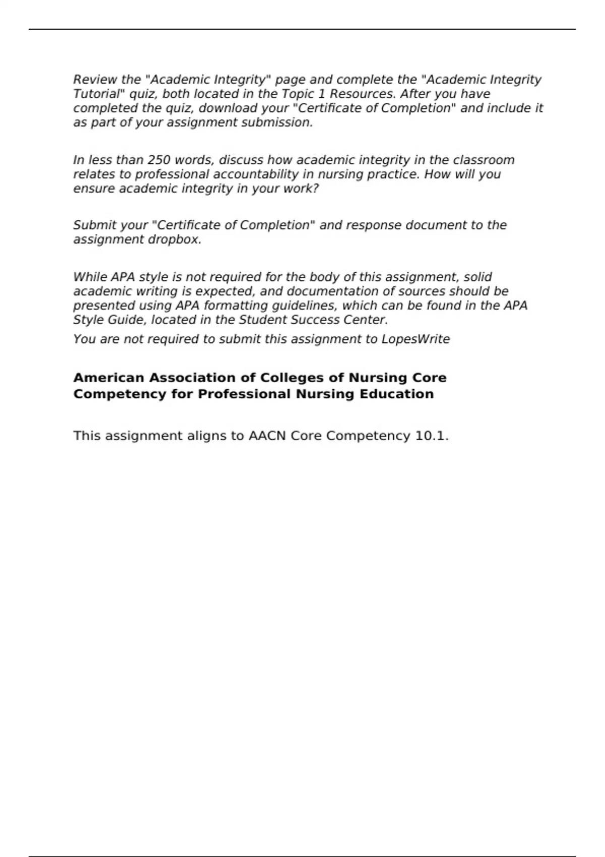NRS 415 Topic 1 Assignment; Academic Integrity Tutorial and Response ...