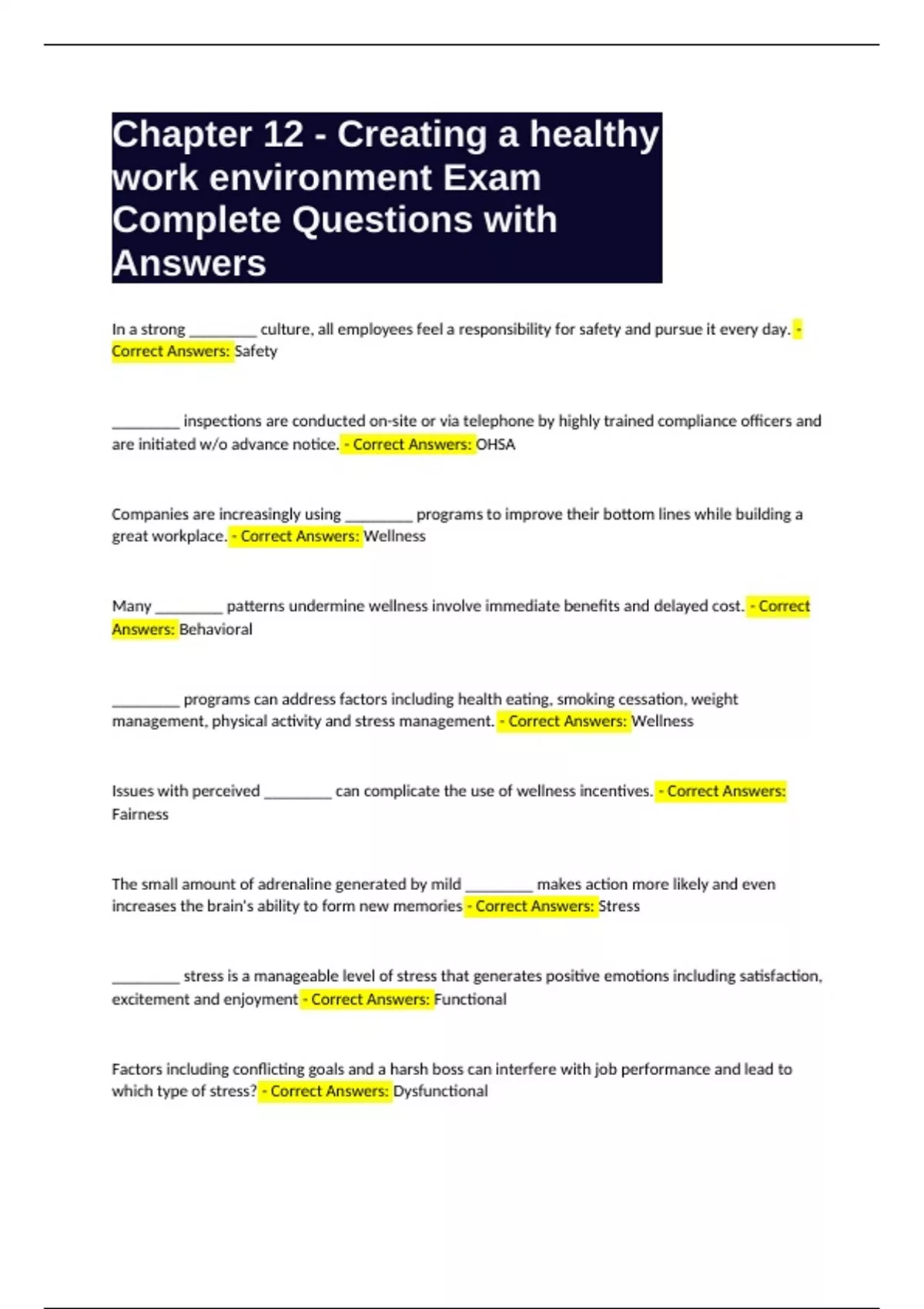 Chapter 12 - Creating a healthy work environment Exam Complete ...