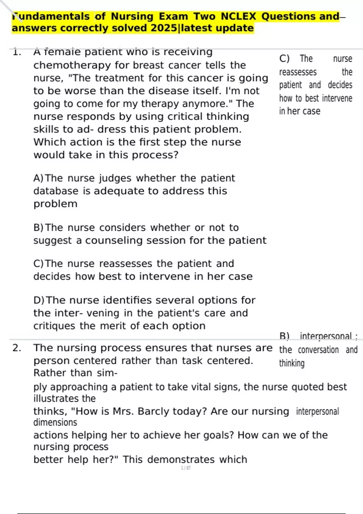 Fundamentals of Nursing Exam Two NCLEX Questions and answers correctly ...