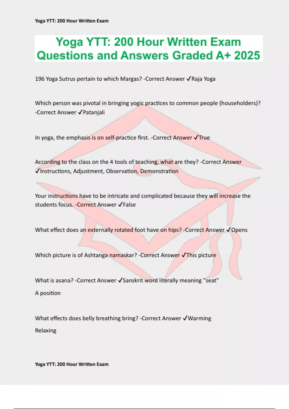 Yoga YTT: 200 Hour Written Exam Questions and Answers Graded A+ 2025 - Yoga YTT: 200 Hour ...