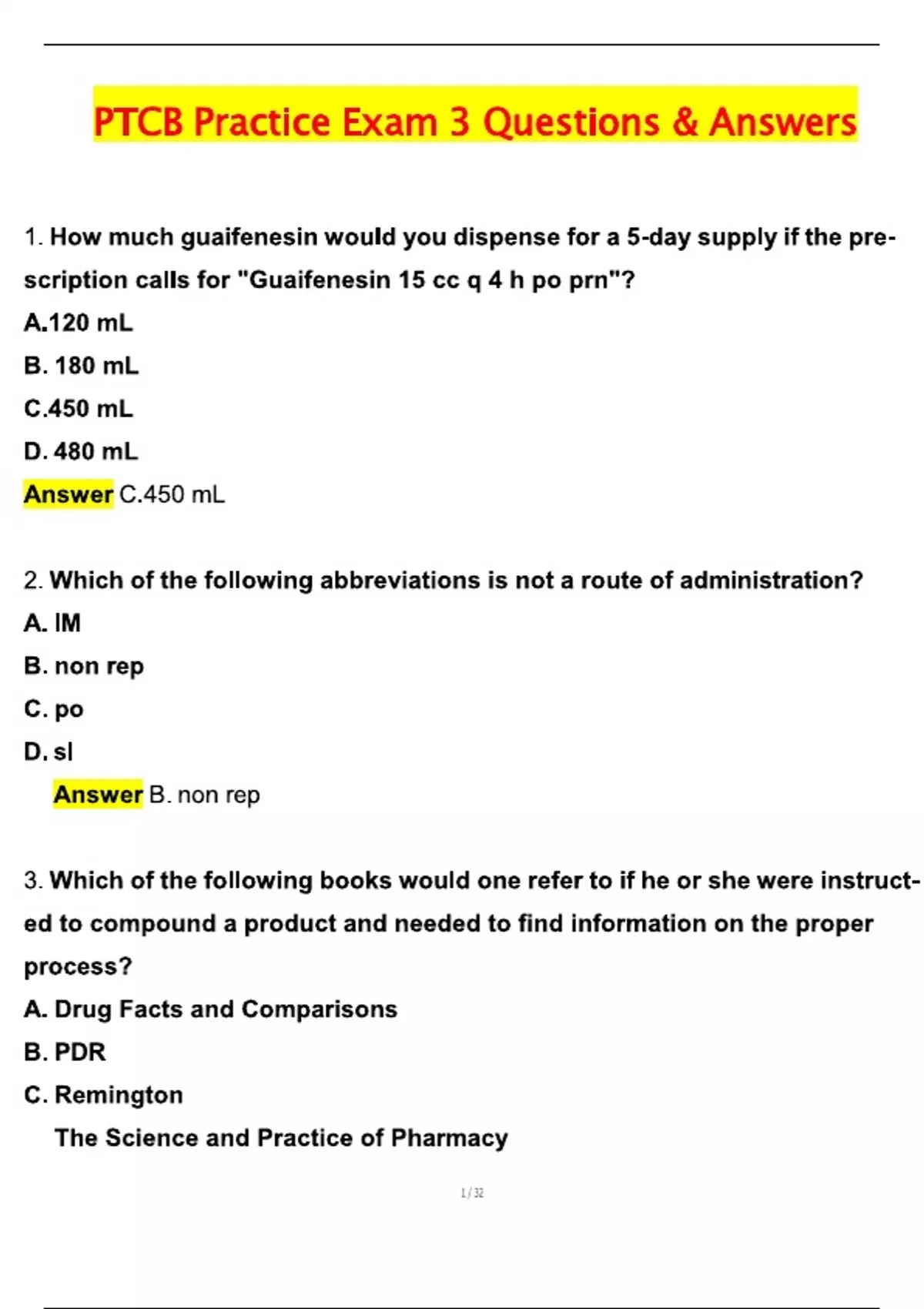 2025 PTCB Practice Exam 3 Questions with Verified Answers 2025 / 2026 ...