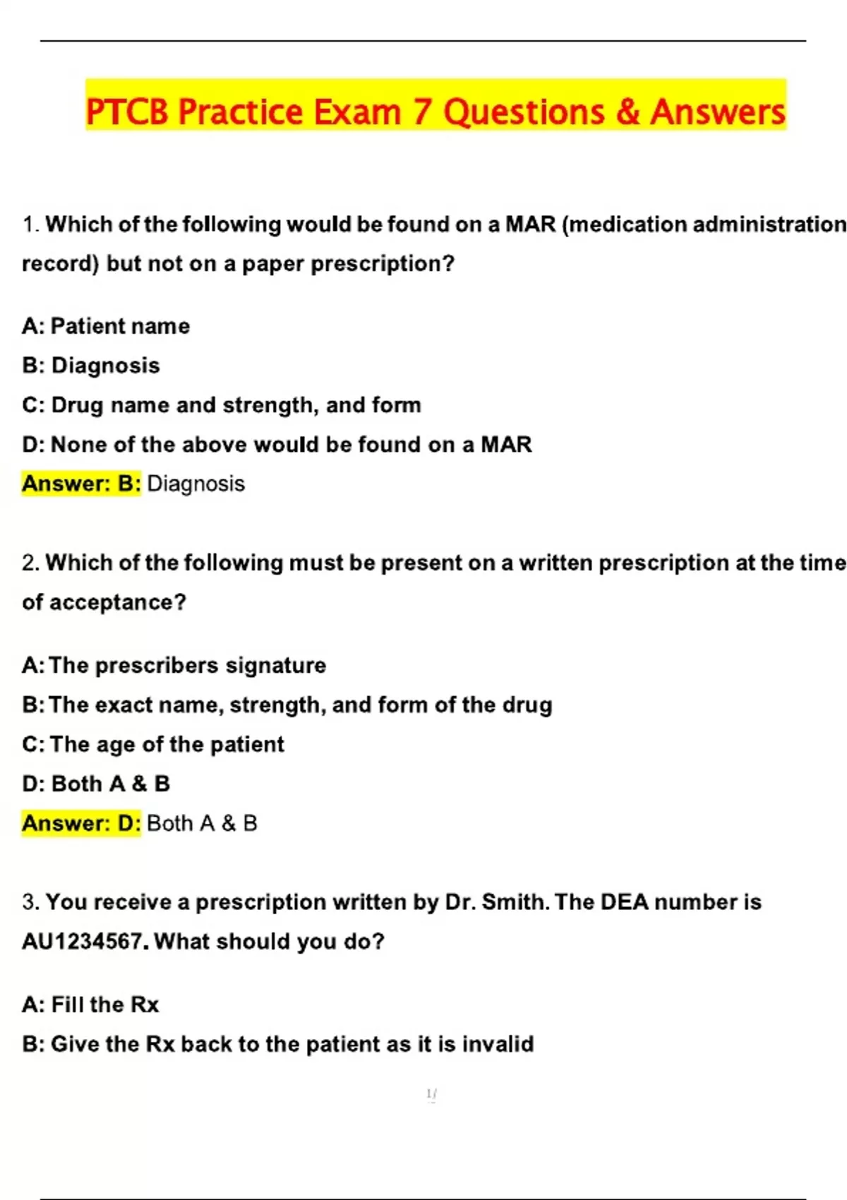 2025 PTCB Practice Exam 7 Questions with Verified Answers 2025 / 2026 ...