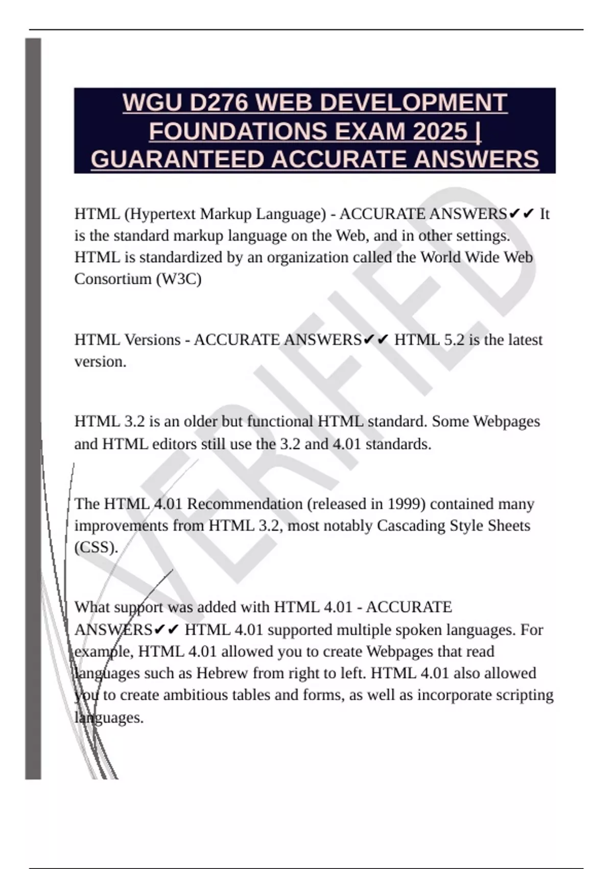 WGU D276 WEB DEVELOPMENT FOUNDATIONS EXAM 2025 |GUARANTEED ACCURATE ANSWERS - WGU D276 WEB ...