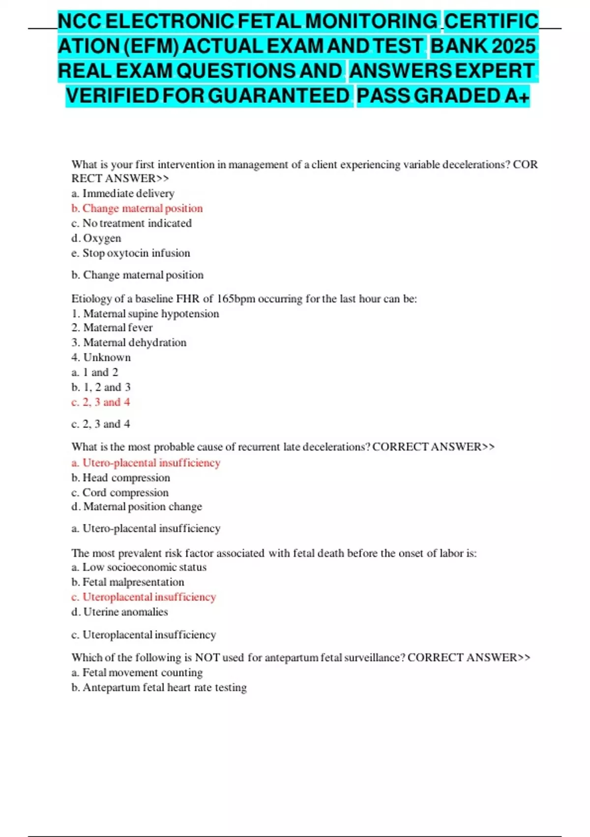 NCC Electronic Fetal Monitoring Certification Exam 2025 Actual Questions & Verified Answers 100 ...