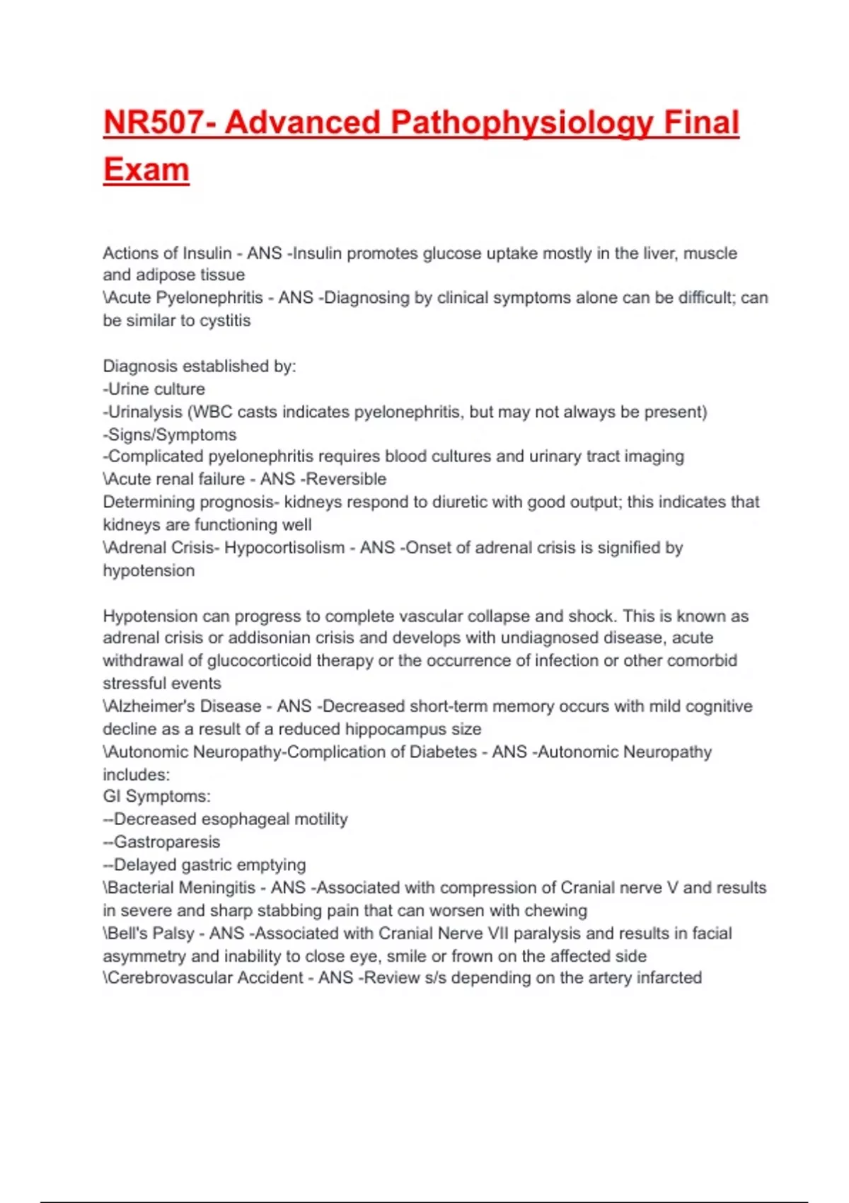 NR507- Advanced Pathophysiology Final Exam 2025/2026 Questions With Correct Solutions. - NR 507 ...