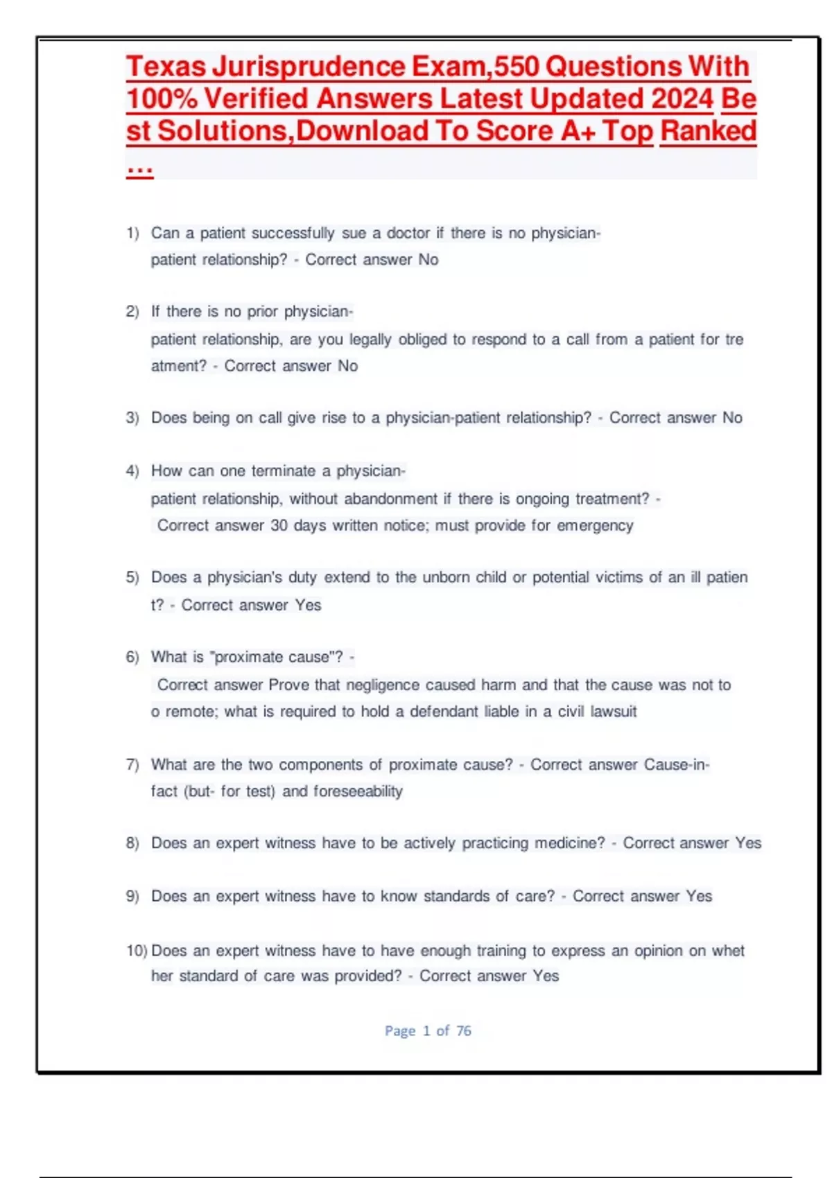 TEXAS NURSING JURISPRUDENCE EXAM (Latest Update) Questions and Verified ...