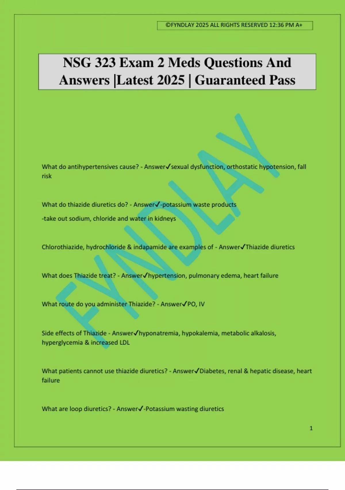 NSG 323 Exam 2 Meds Questions And Answers |Latest 2025 | Guaranteed ...