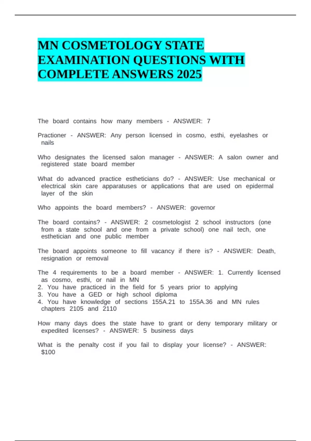 MN COSMETOLOGY STATE EXAMINATION QUESTIONS WITH COMPLETE ANSWERS 2025 - MN Cosmetology Manager ...